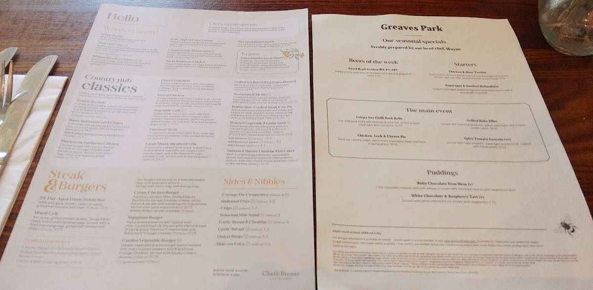 Menu at Greaves Park pub & bar, Lancaster