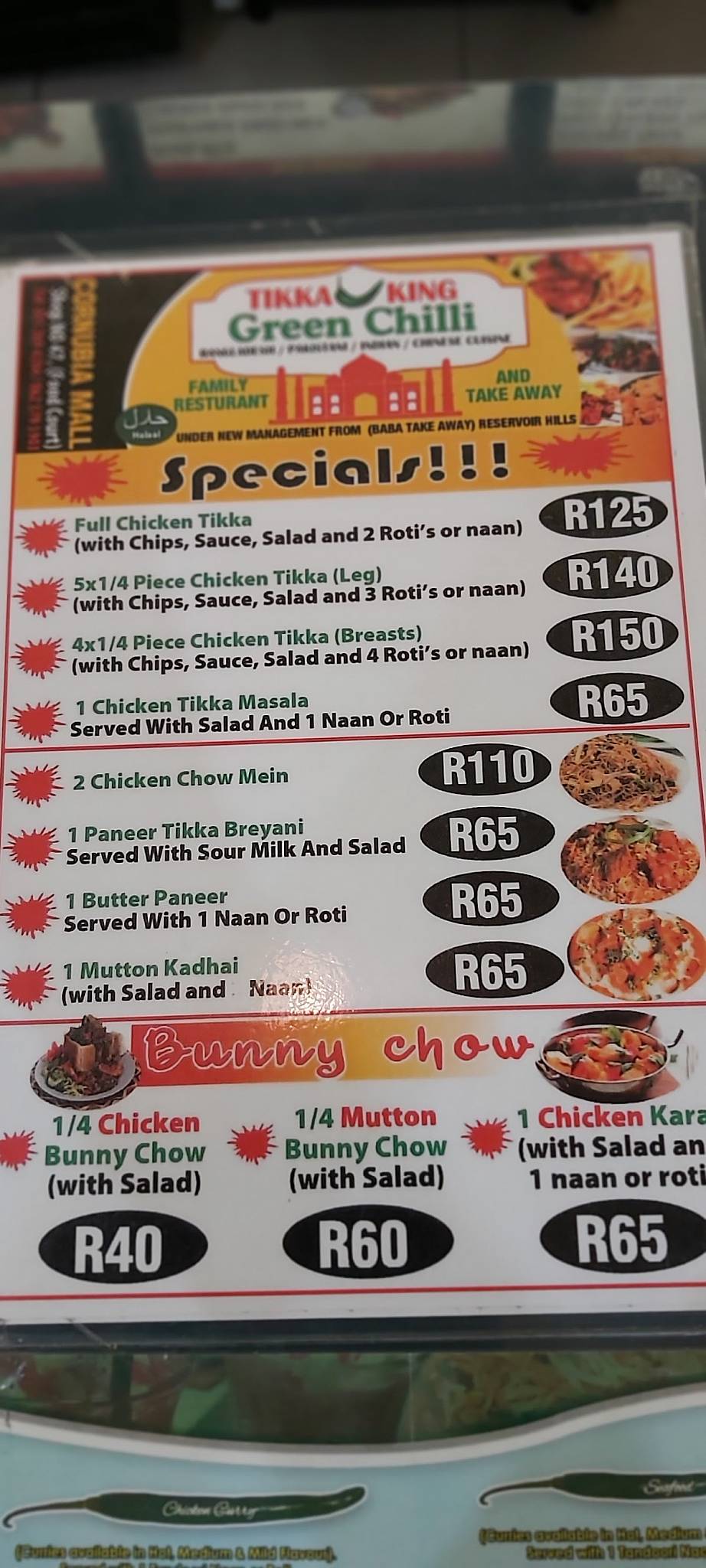 Menu at Green Chilli restaurant, Mount Edgecombe