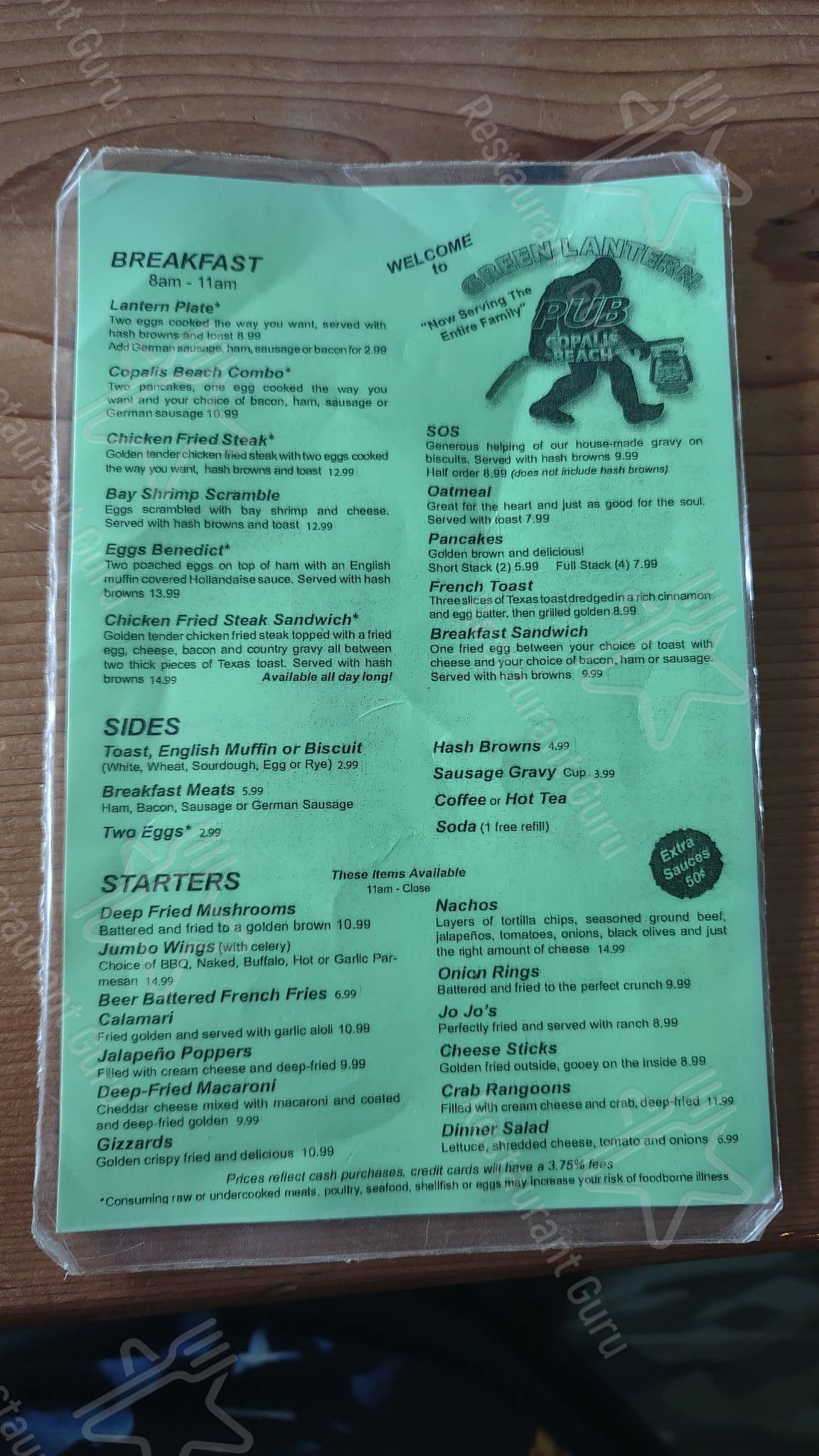 Menu at Green Lantern Pub, Copalis Beach