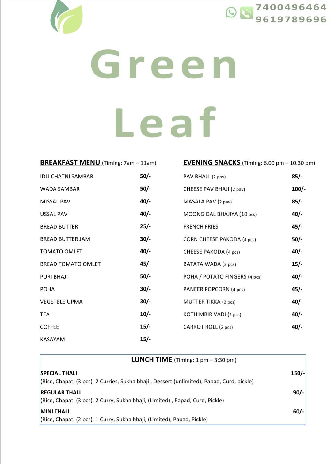 Menu at Green Leaf Fast food, Mumbai, Shop no 2