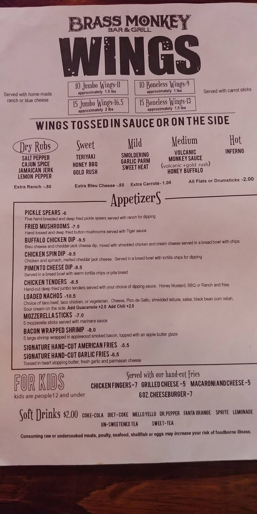 Menu at Brass Monkey pub & bar, Greenville