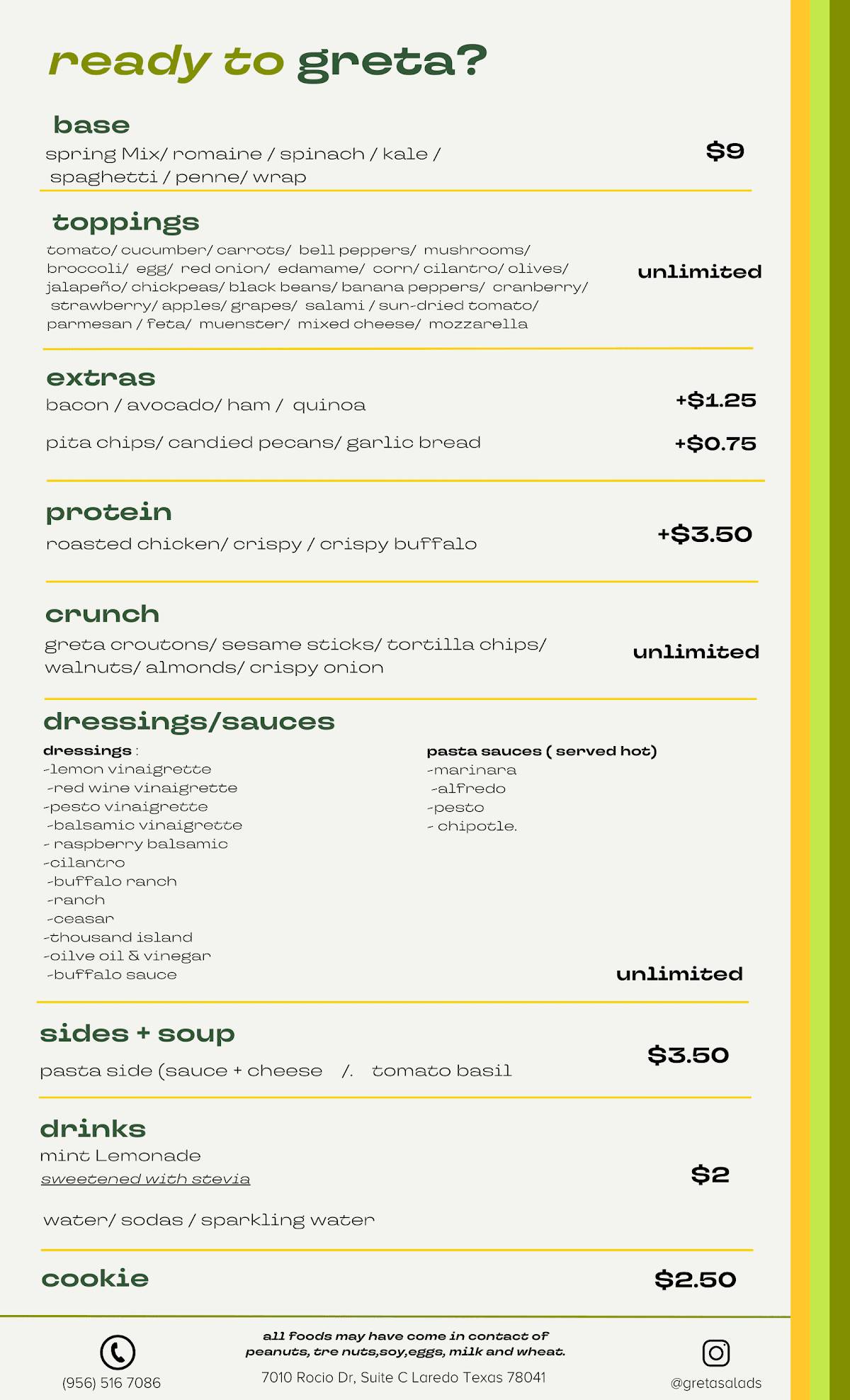 Menu at Greta restaurant, Laredo