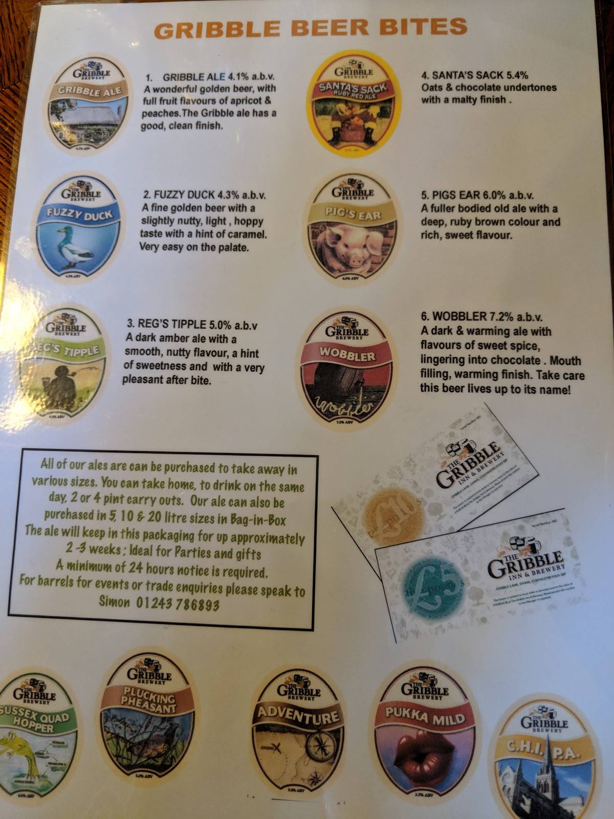 Menu at Gribble Inn pub & bar, Chichester