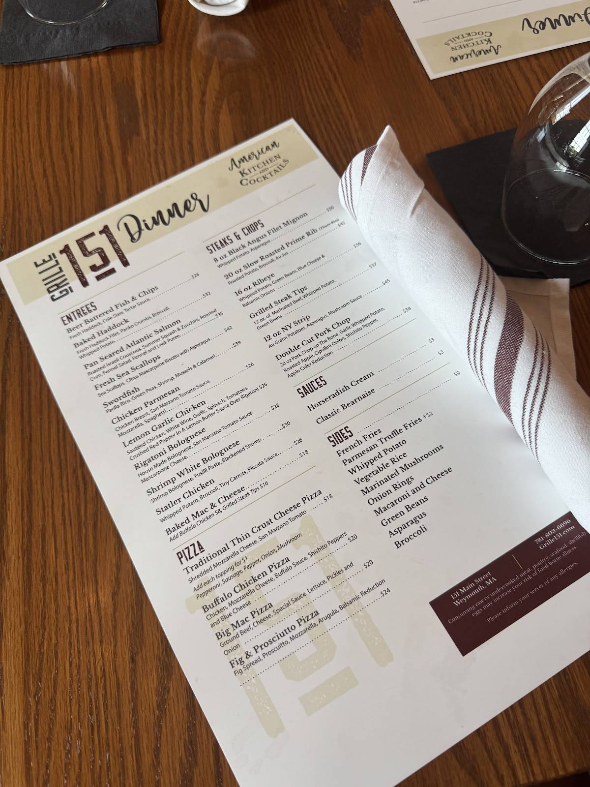 Menu at Grille 151 restaurant, Weymouth, 151 Main St