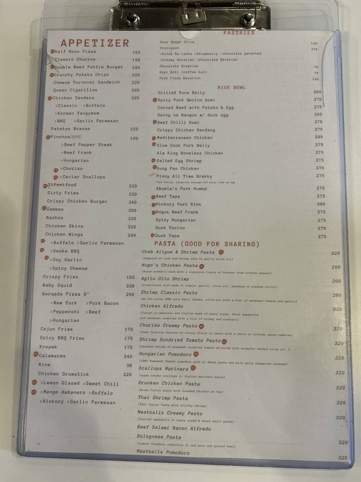 Menu at Gringa Tapaz Bar, Davao City