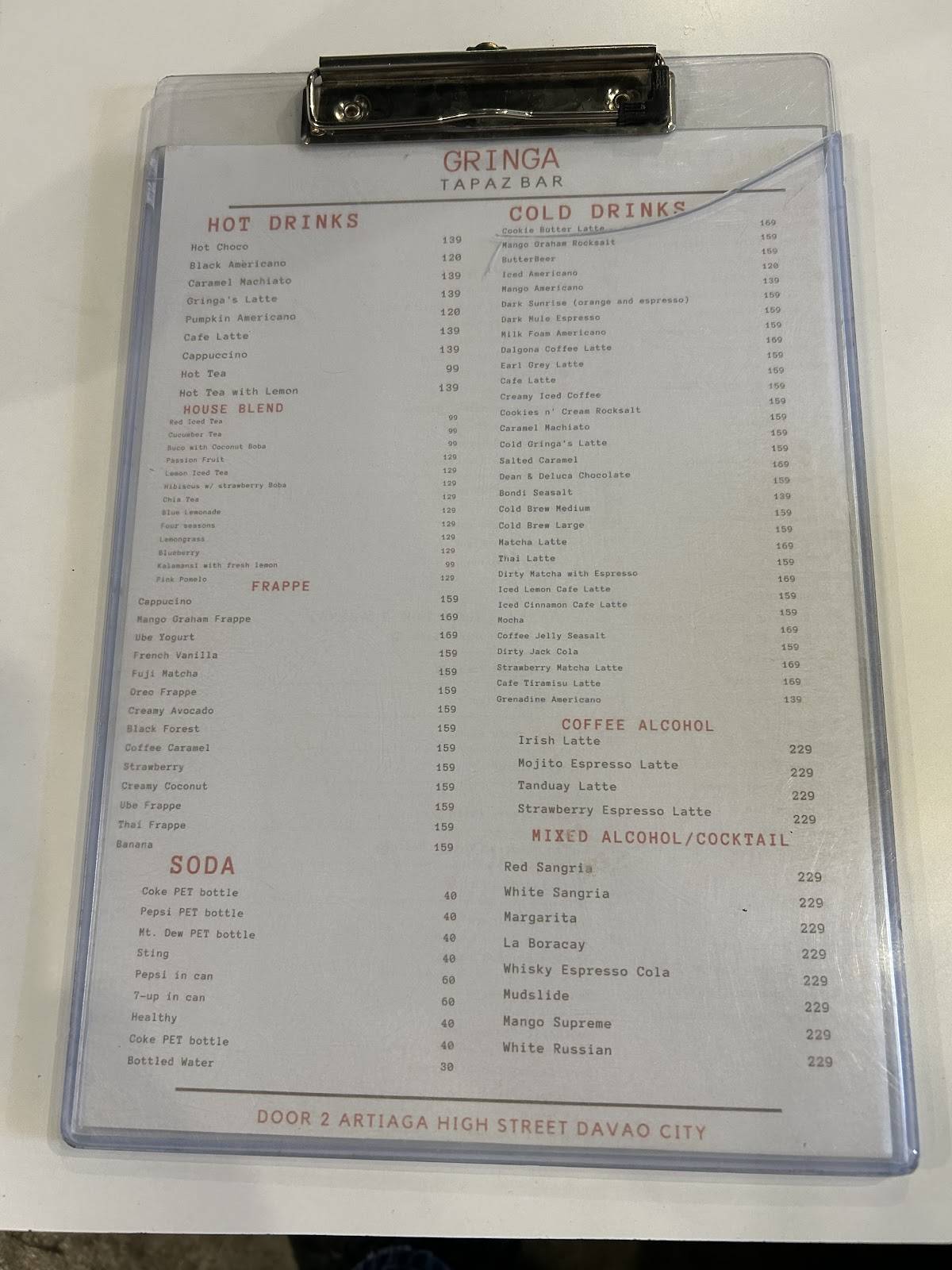 Menu at Gringa Tapaz Bar, Davao City