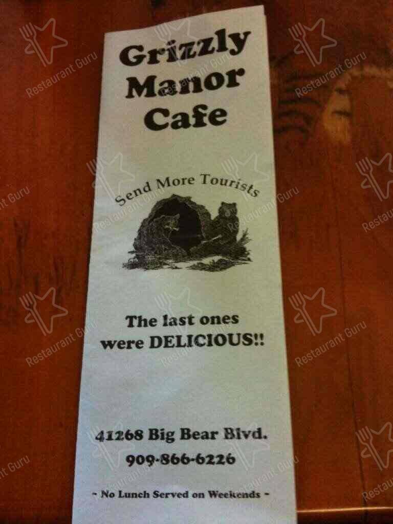 Menu at Grizzly Manor Cafe, Big Bear Lake