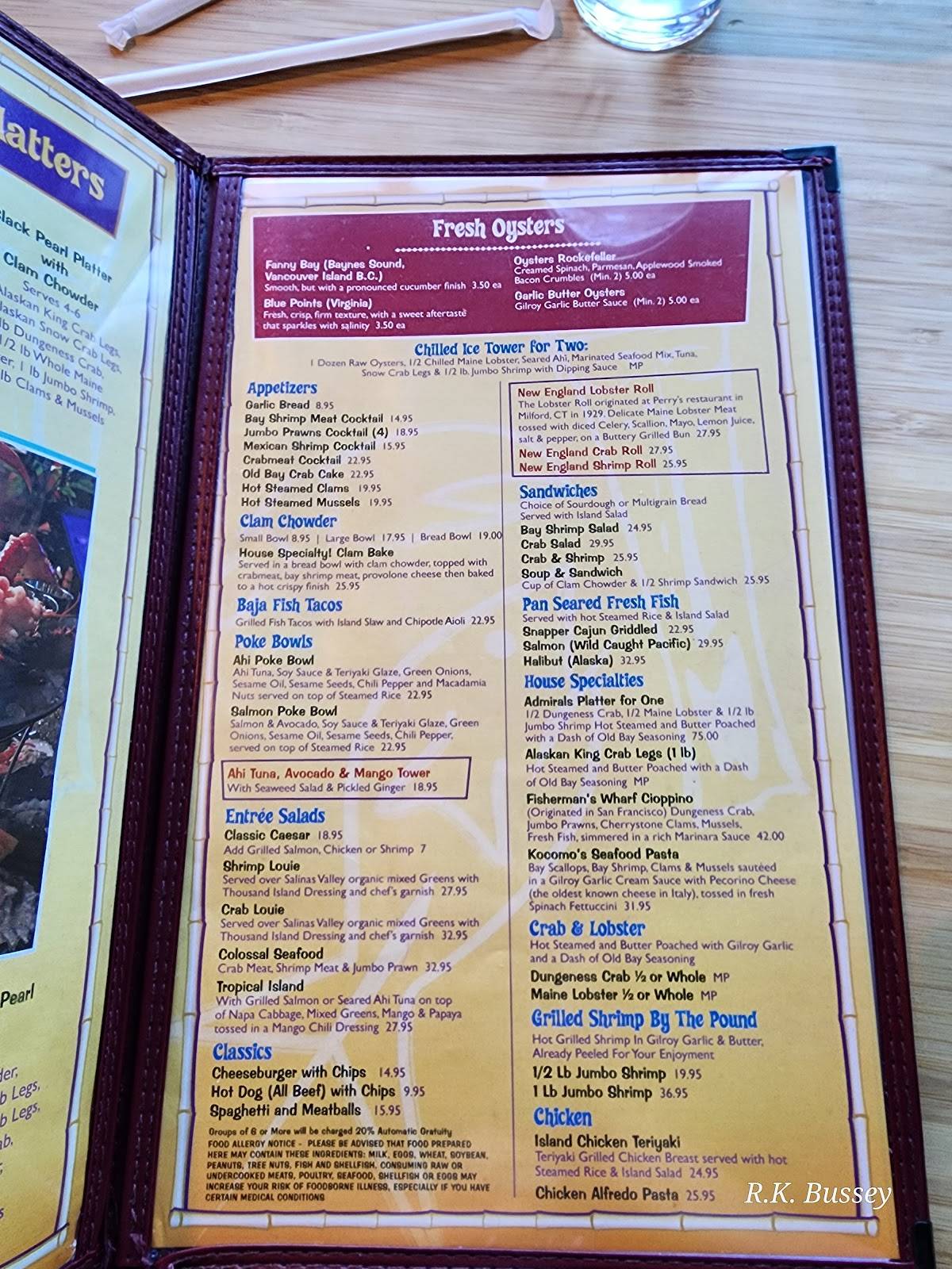 Menu at Grotto Fish Market restaurant, Monterey