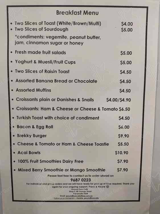 Menu at Ground Floor Cafe, Parramatta
