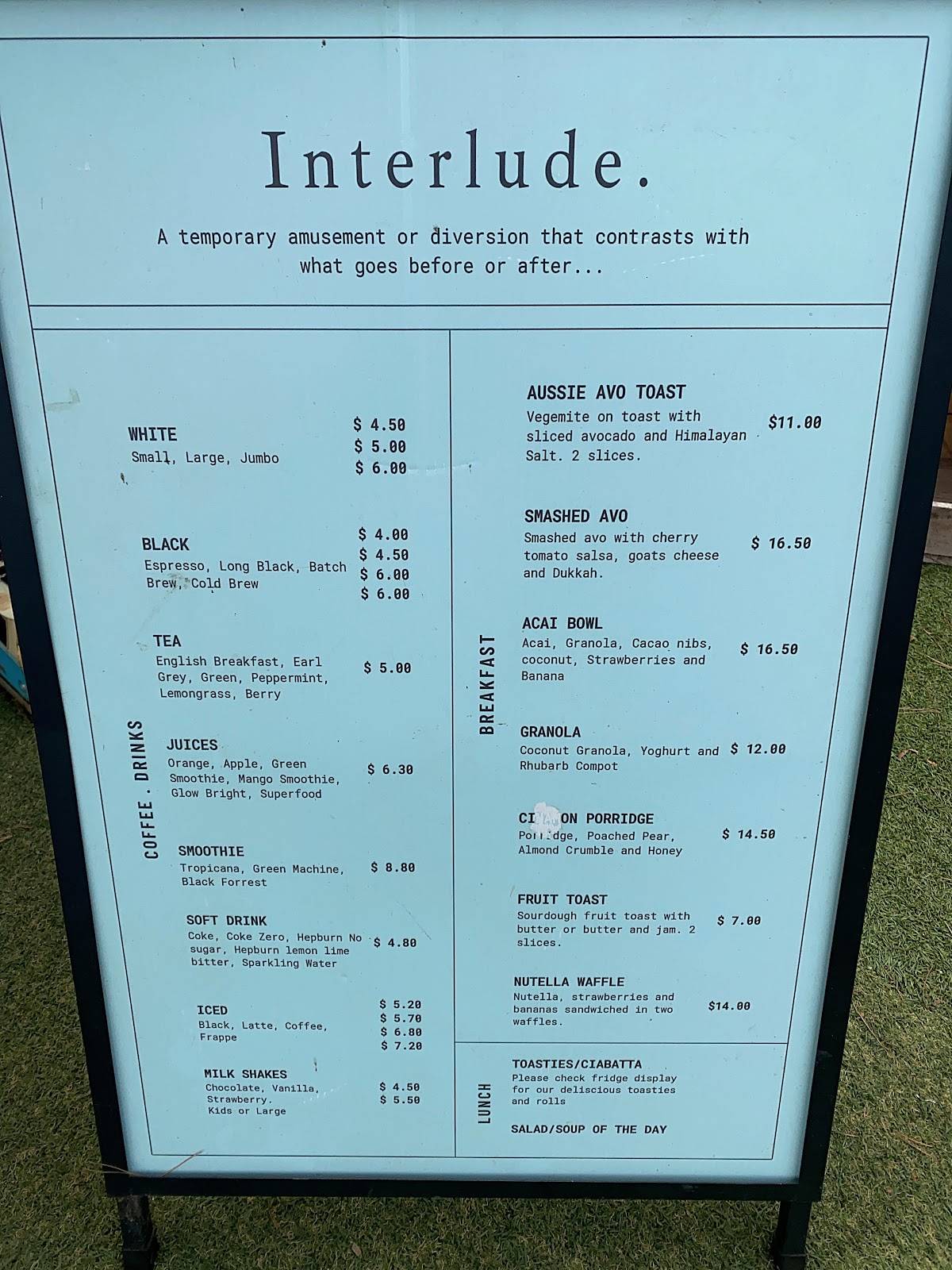 Menu at Interlude cafe, Grovedale