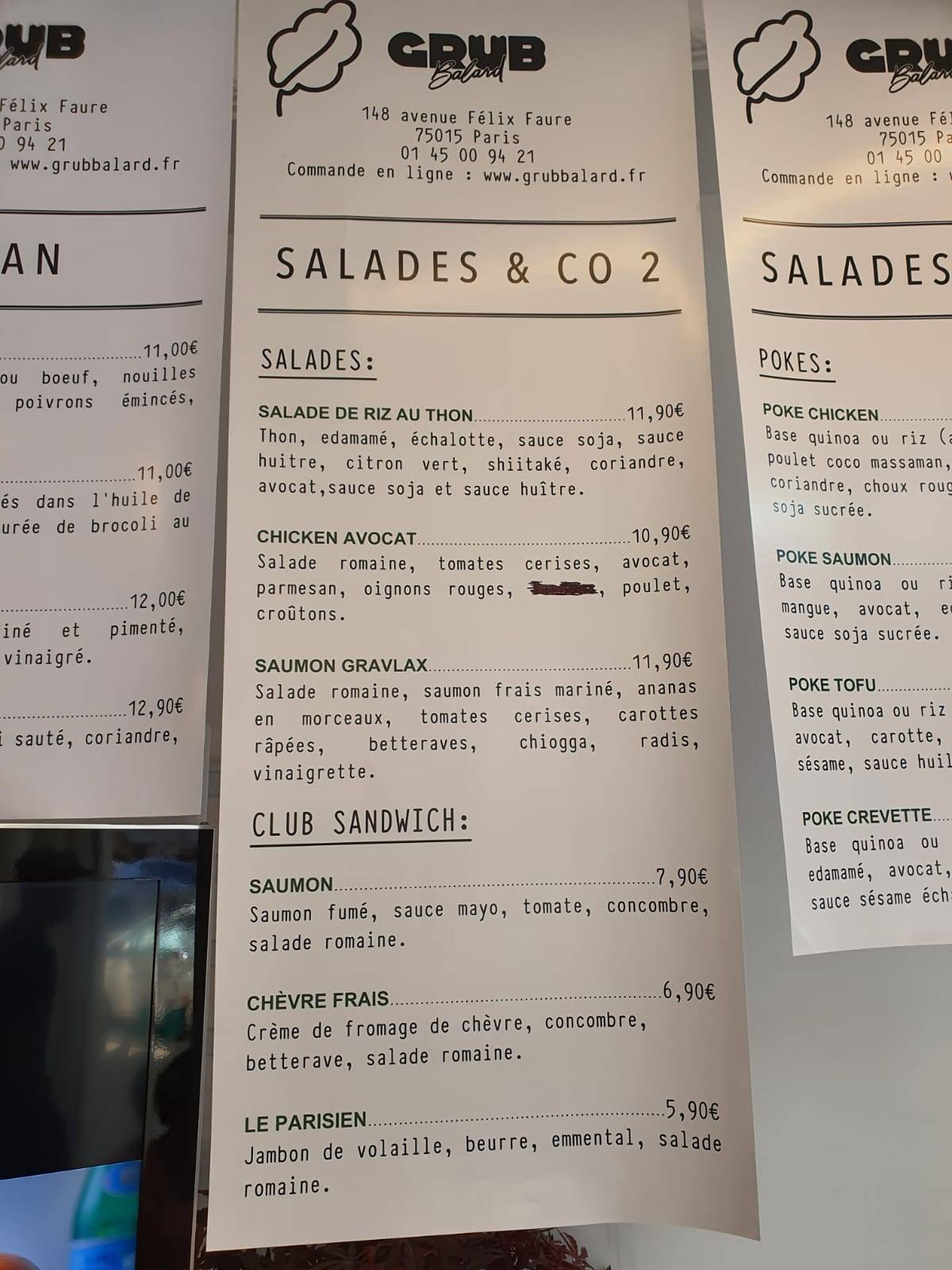 Menu at Grub restaurant, Paris