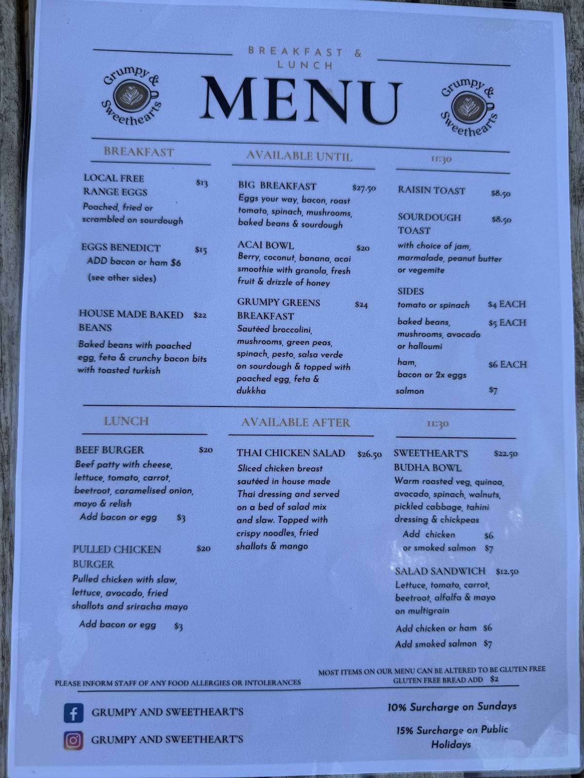 Menu at Grumpy & Sweetheart's cafe, Mogo