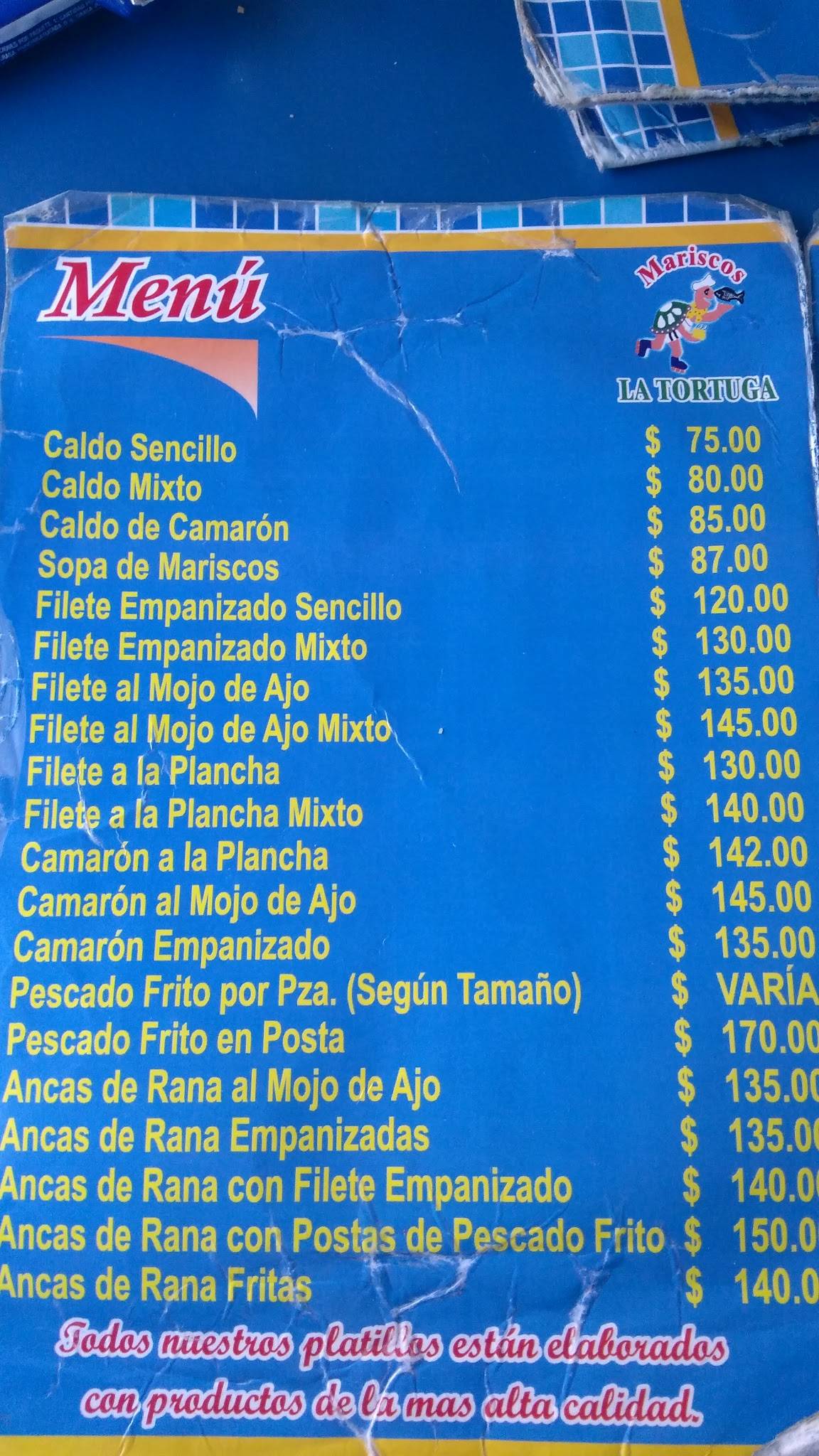 Carta del restaurante La Tortuga, Guadalupe, Independencia 233