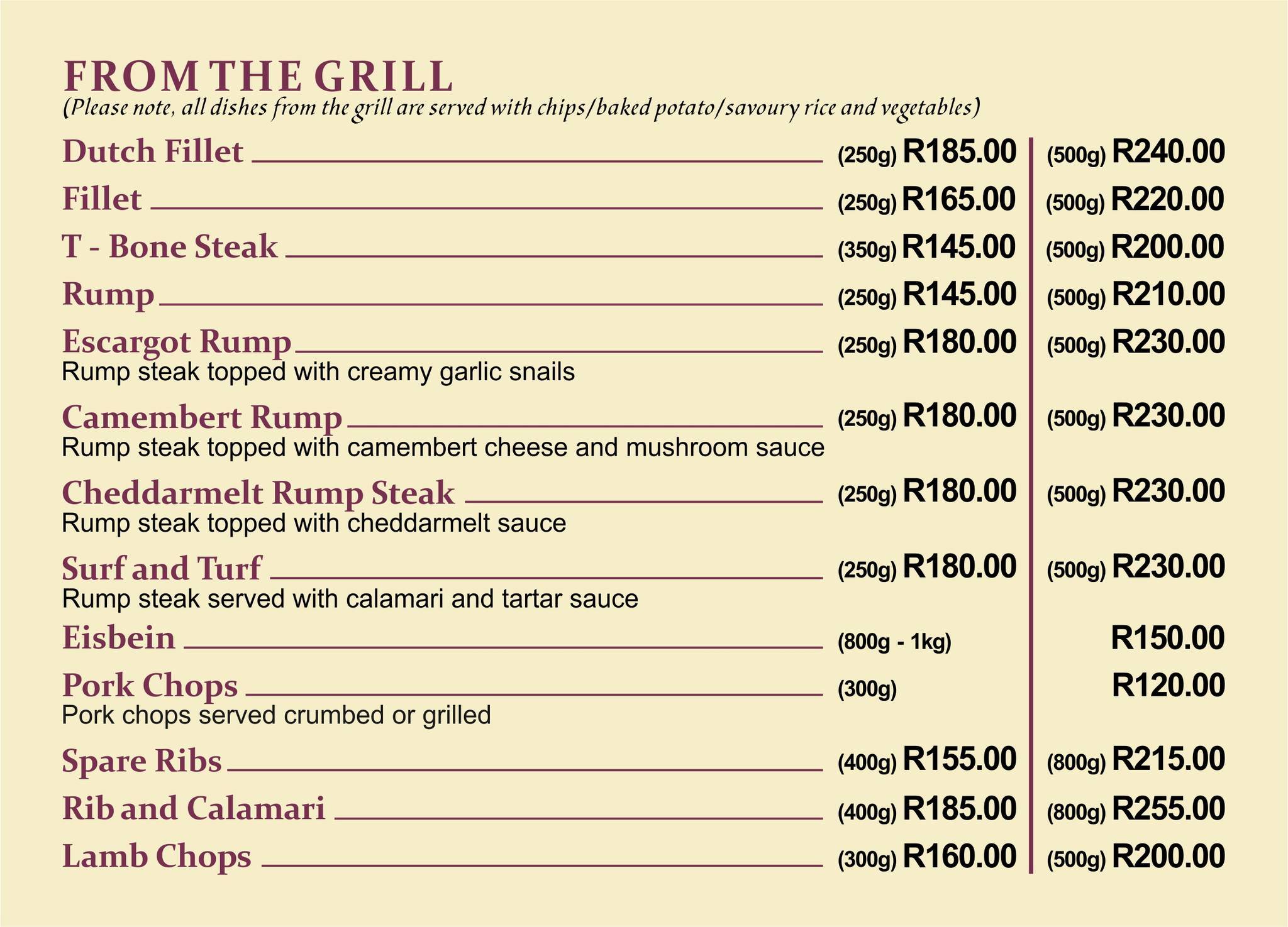 Menu at Guido's restaurant, East London, Gonubie Mall