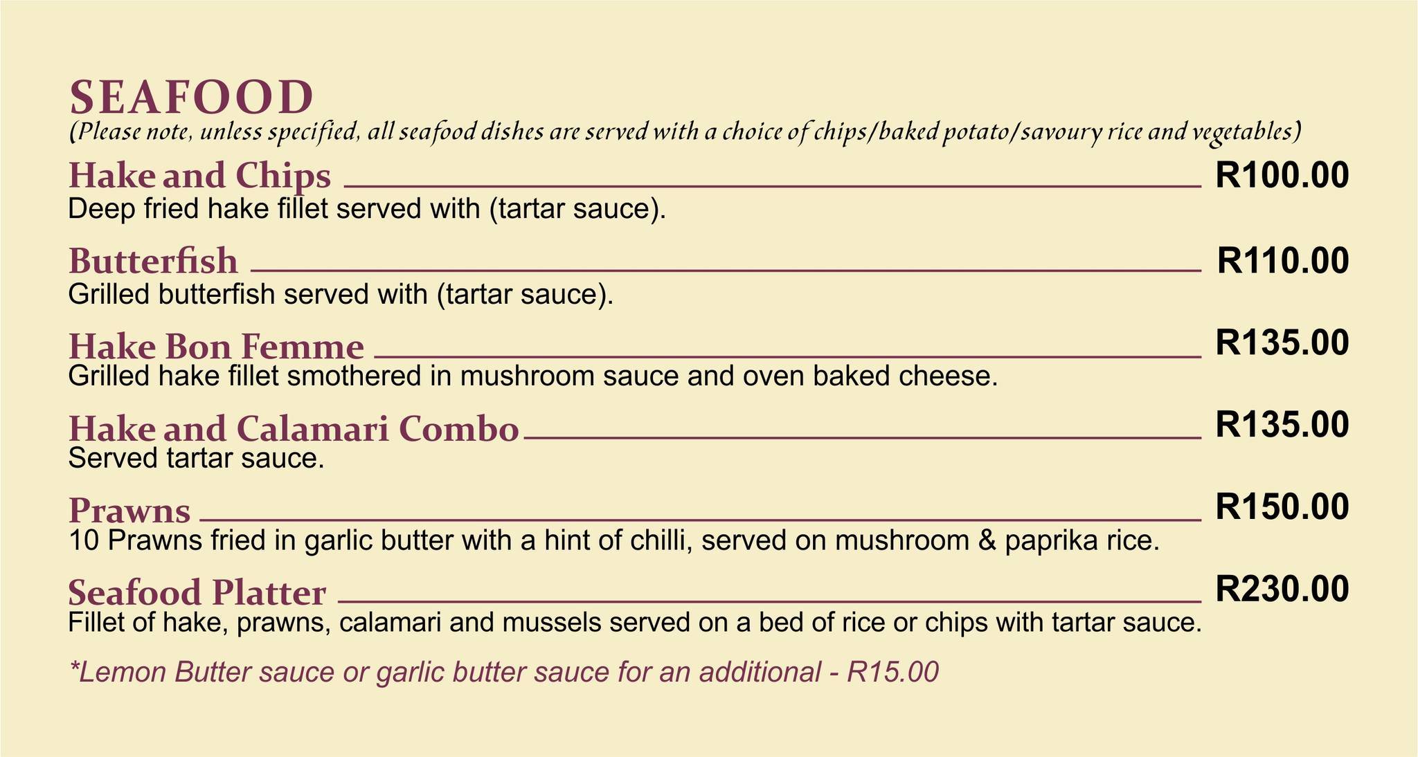 Menu at Guido's restaurant, East London, Gonubie Mall