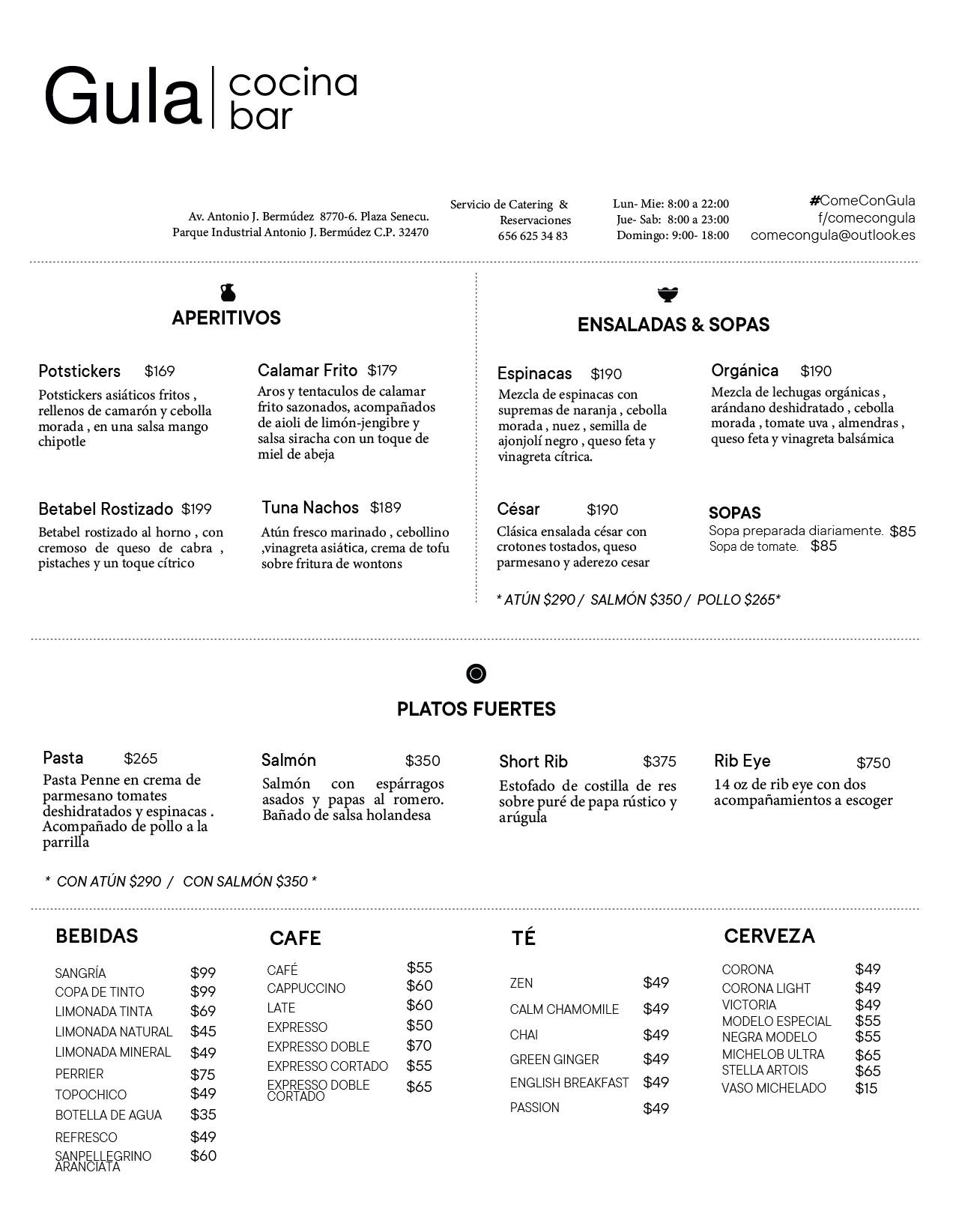 Carta de Gula Cocina + Bar (Senecú), Ciudad Juarez, Av. Antonio J ...