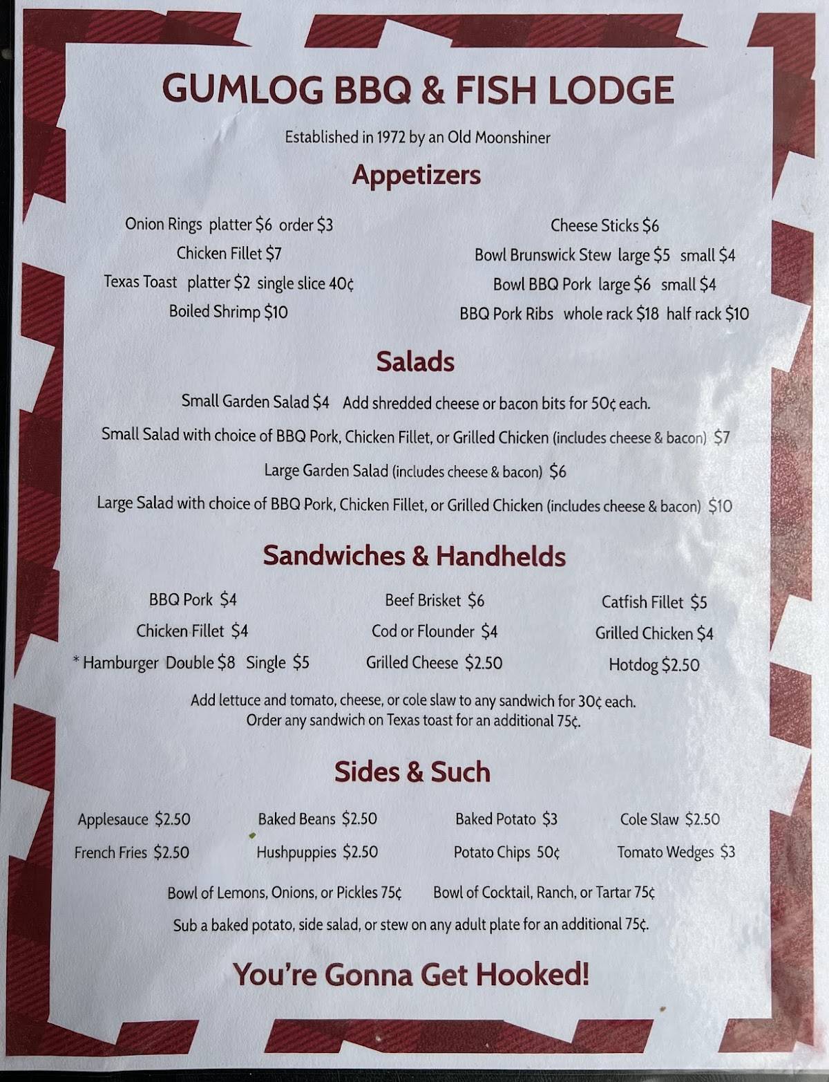 Menu at Gumlog Bar B Que & Fish Lodge, Lavonia