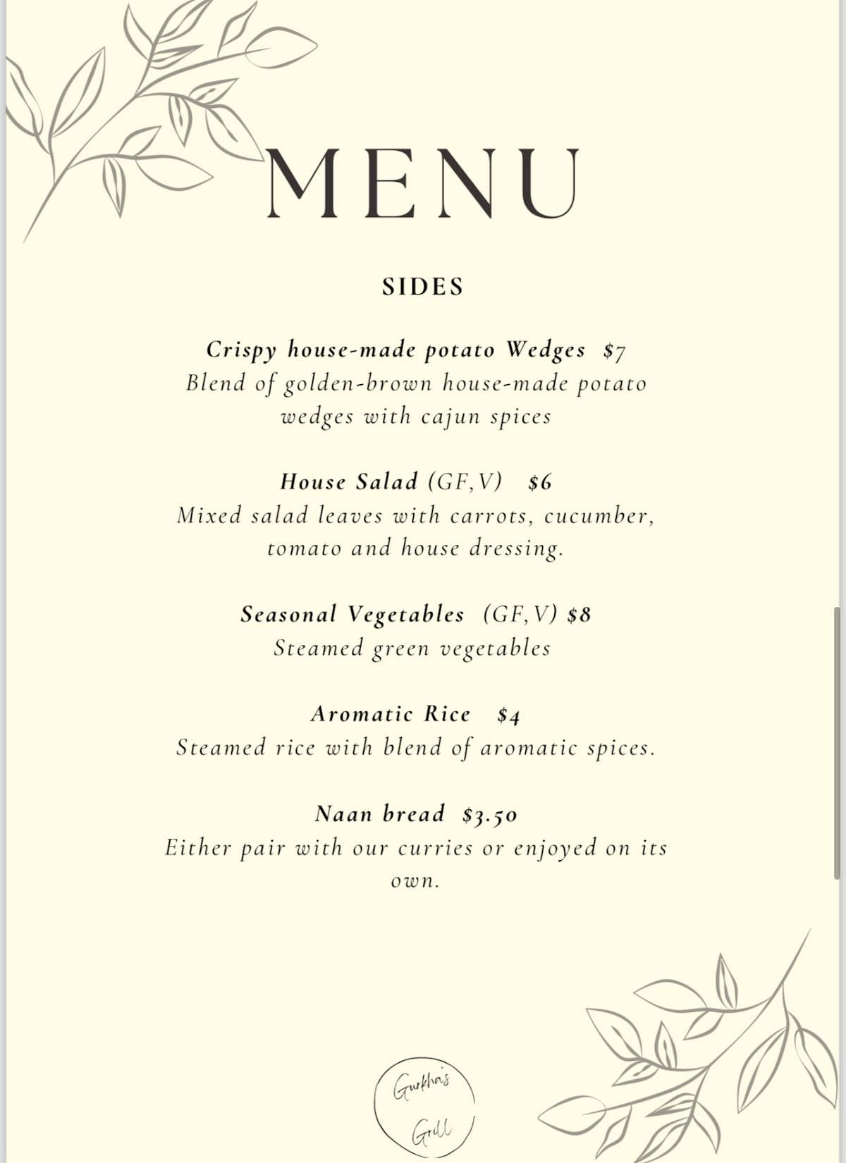 Menu at Gurkha's Grill restaurant, Goodwood, 147 Goodwood Rd
