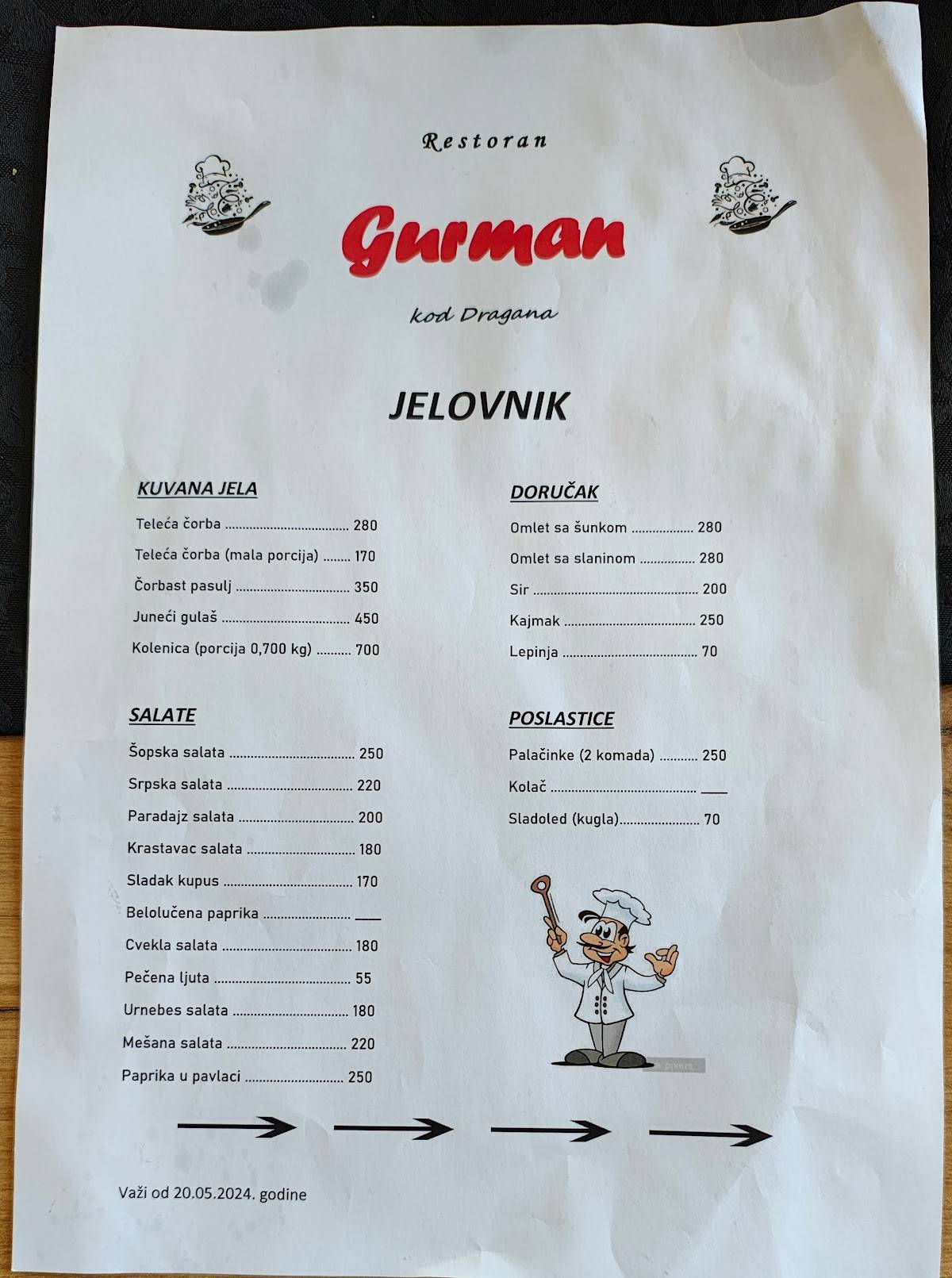 Menu at Gurman Kod Dragana restaurant, Meljak