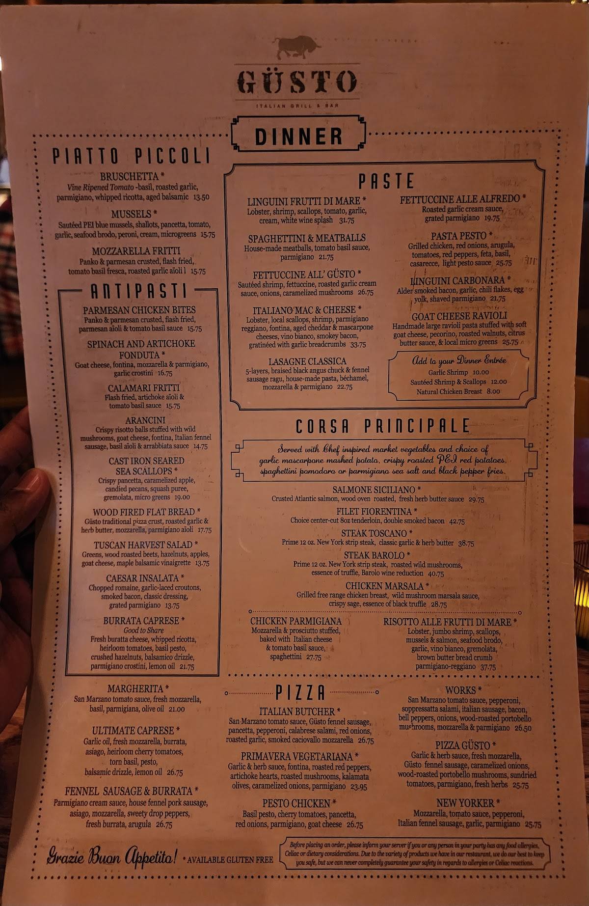 Menu at Gusto Italian Grill & Bar, Moncton