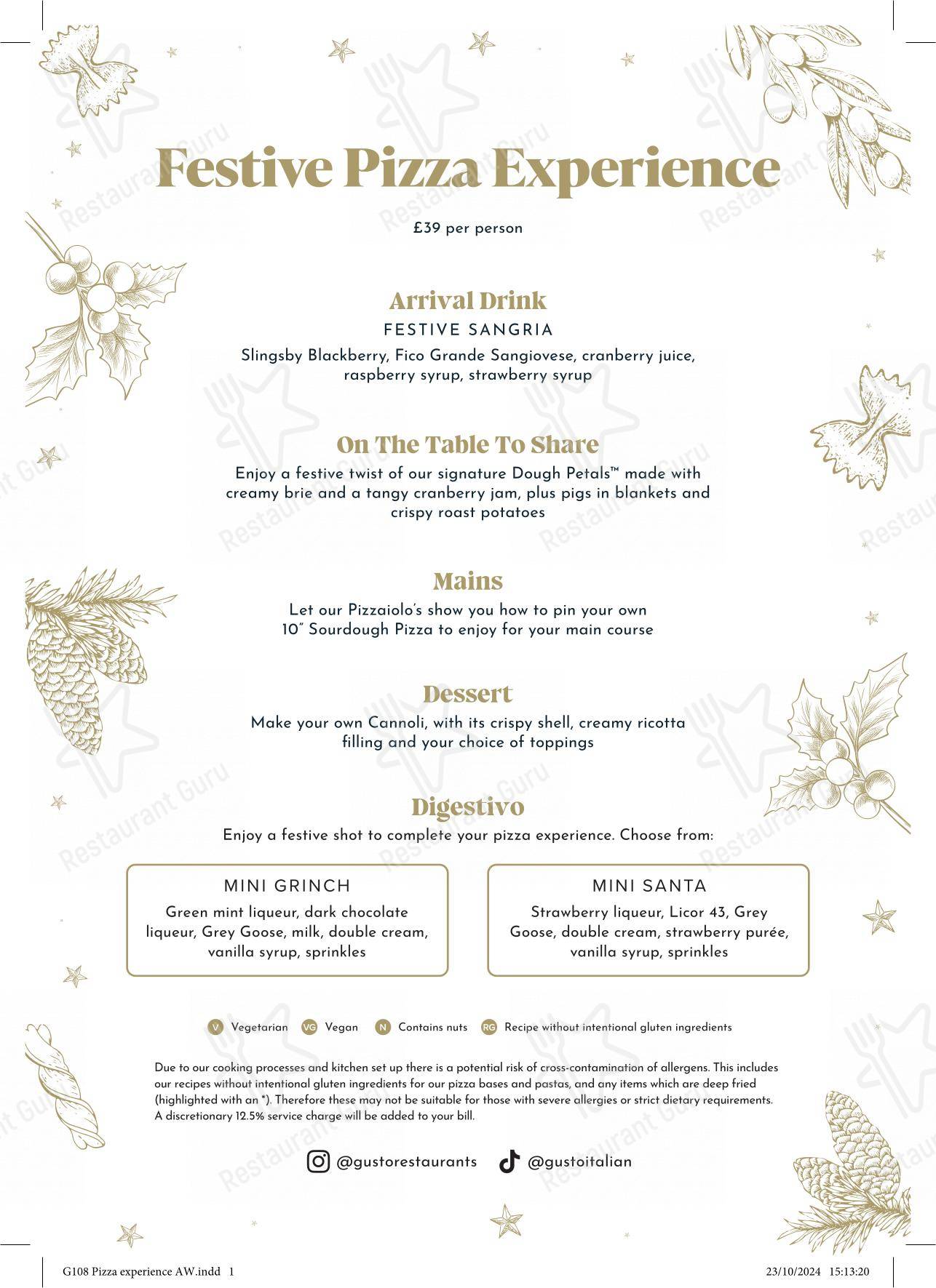 Menu at Gusto Italian restaurant, Nottingham, 29 Upper Parliament St