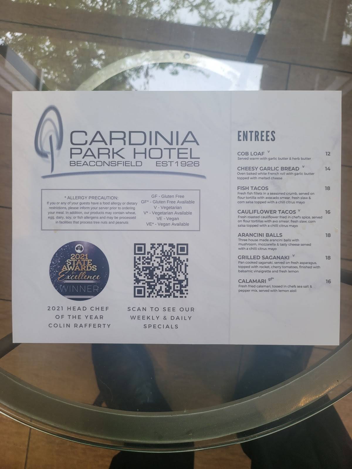 Menu at Cardinia Park Hotel restaurant, Beaconsfield