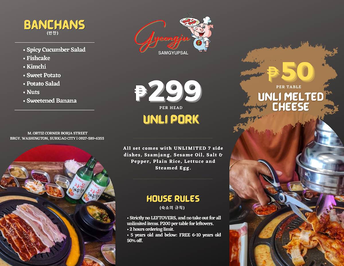 Menu at Gyeongju Samgyupsal restaurant, Surigao City