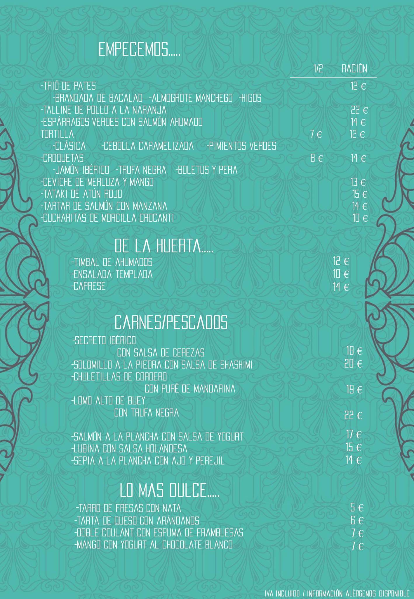 Carta de HACHE restaurante, Colonia de San Pedro