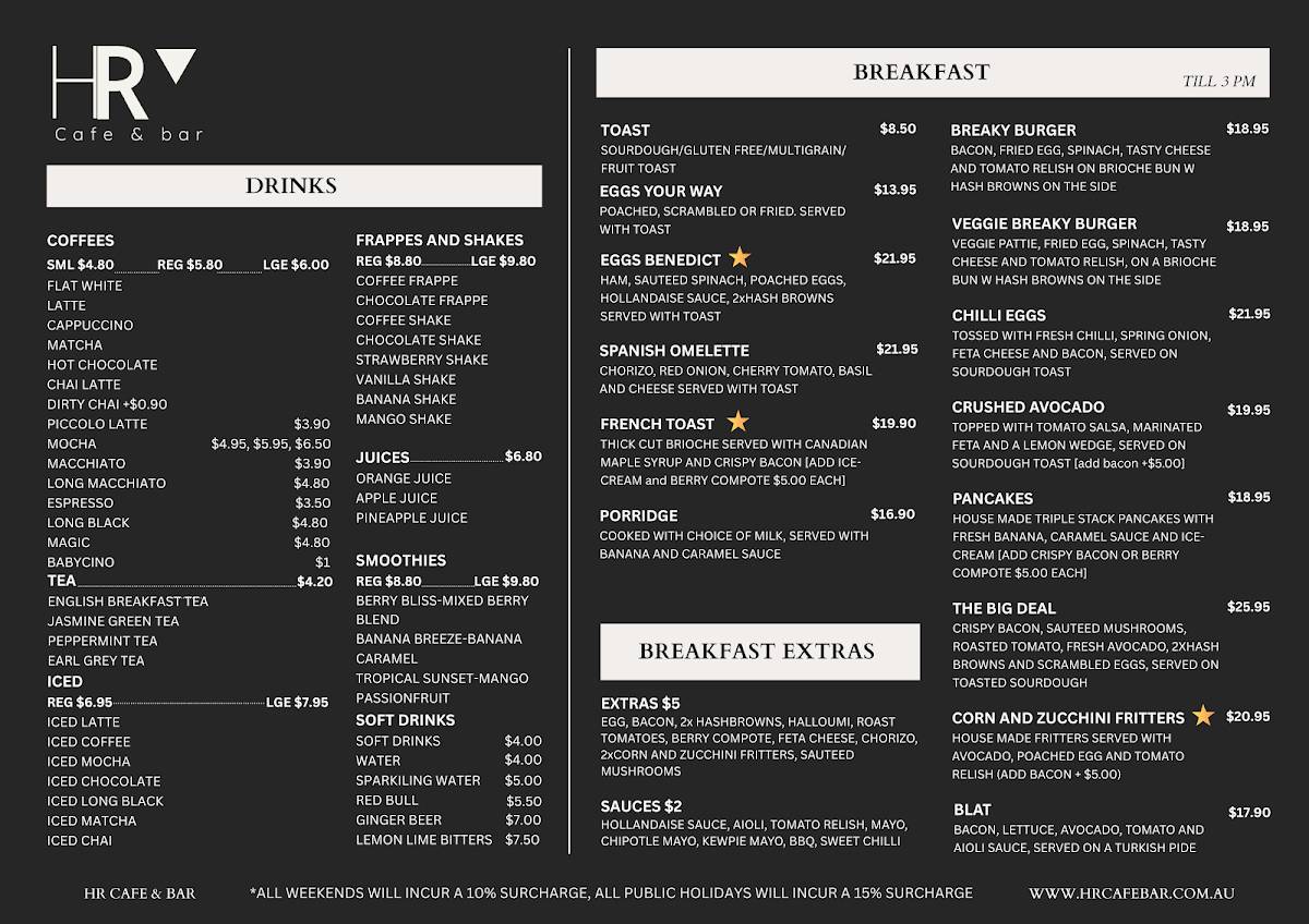 Menu at HR Cafe & Bar, Melbourne