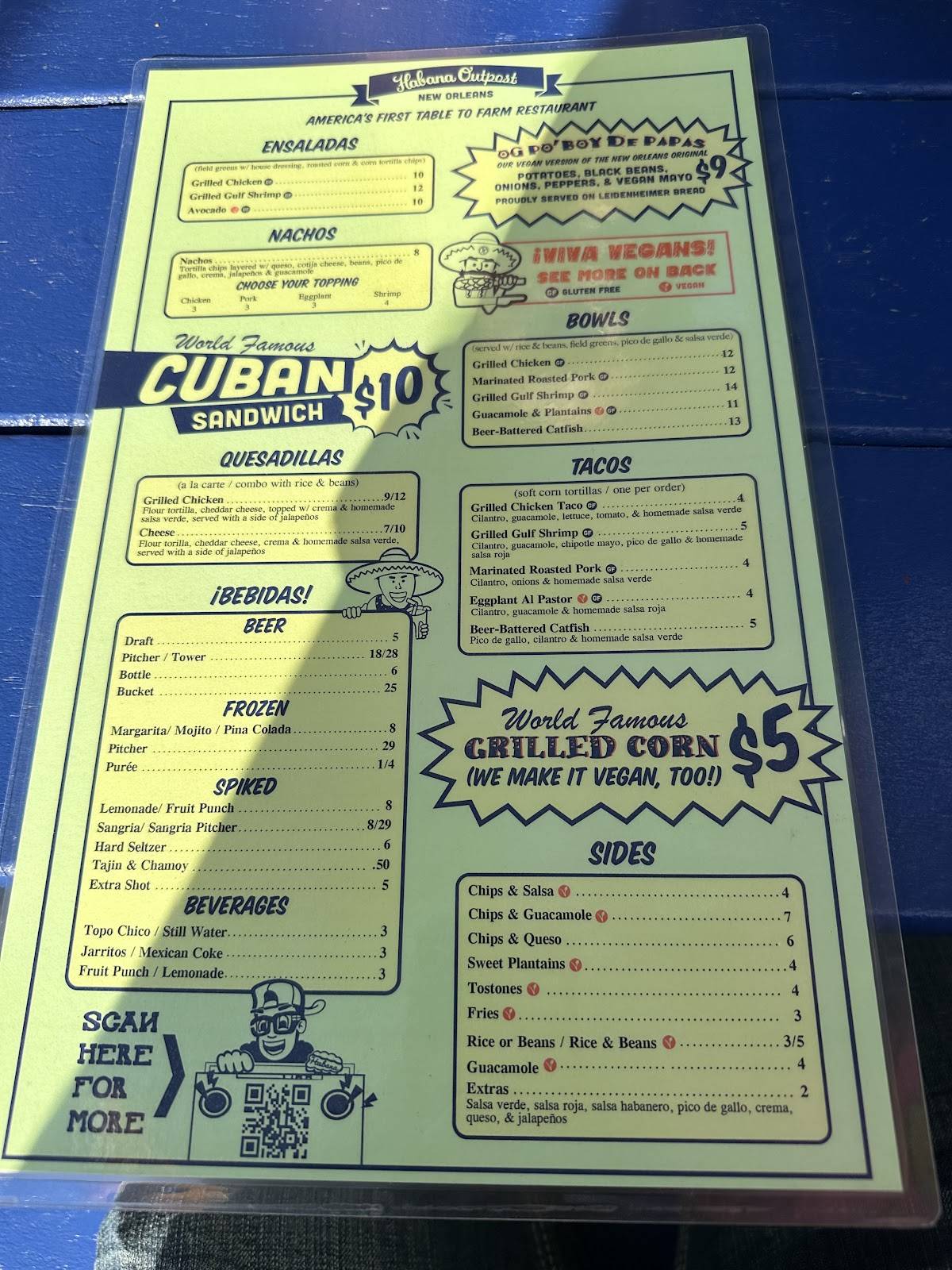 Menu at Habana Outpost restaurant, New Orleans