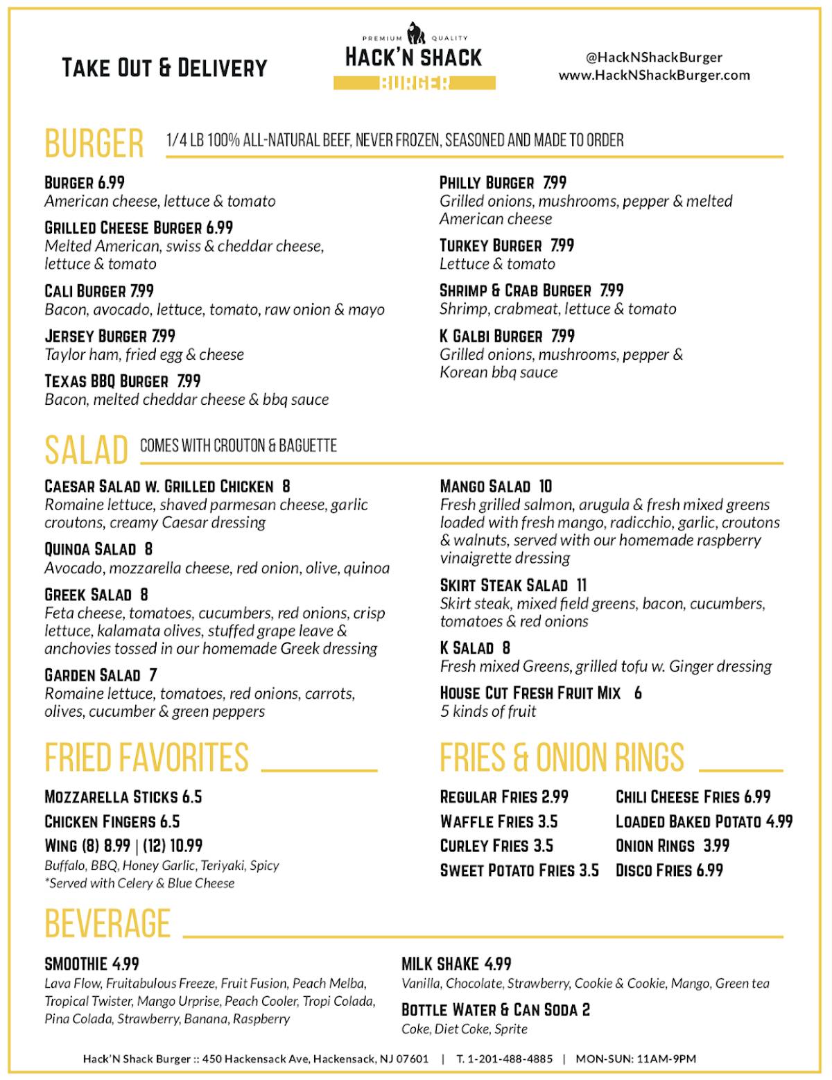 Menu at Hack'N Shack Burger fast food, Hackensack