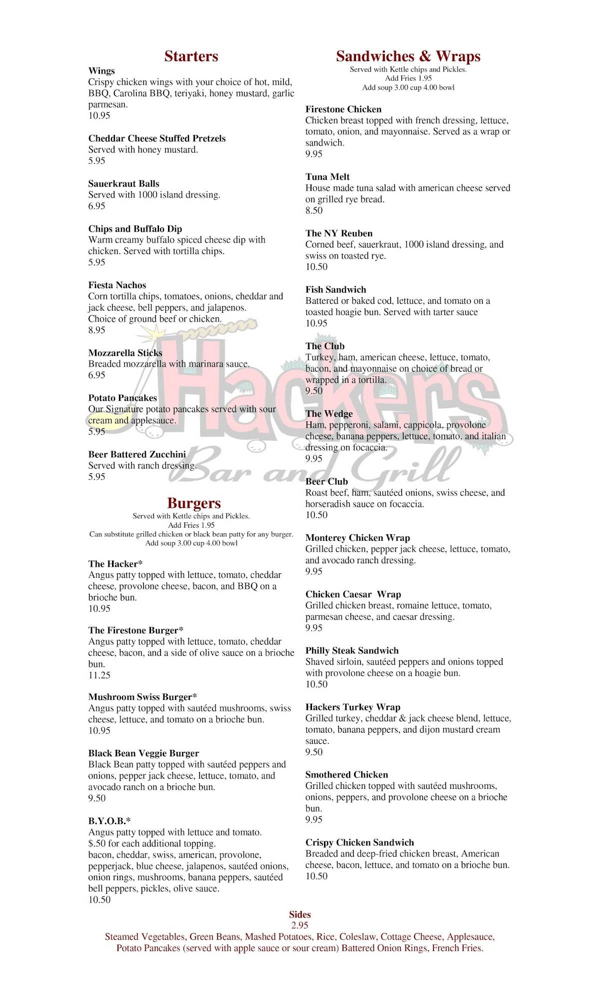 Menu at Hackers Bar & Grill, Akron