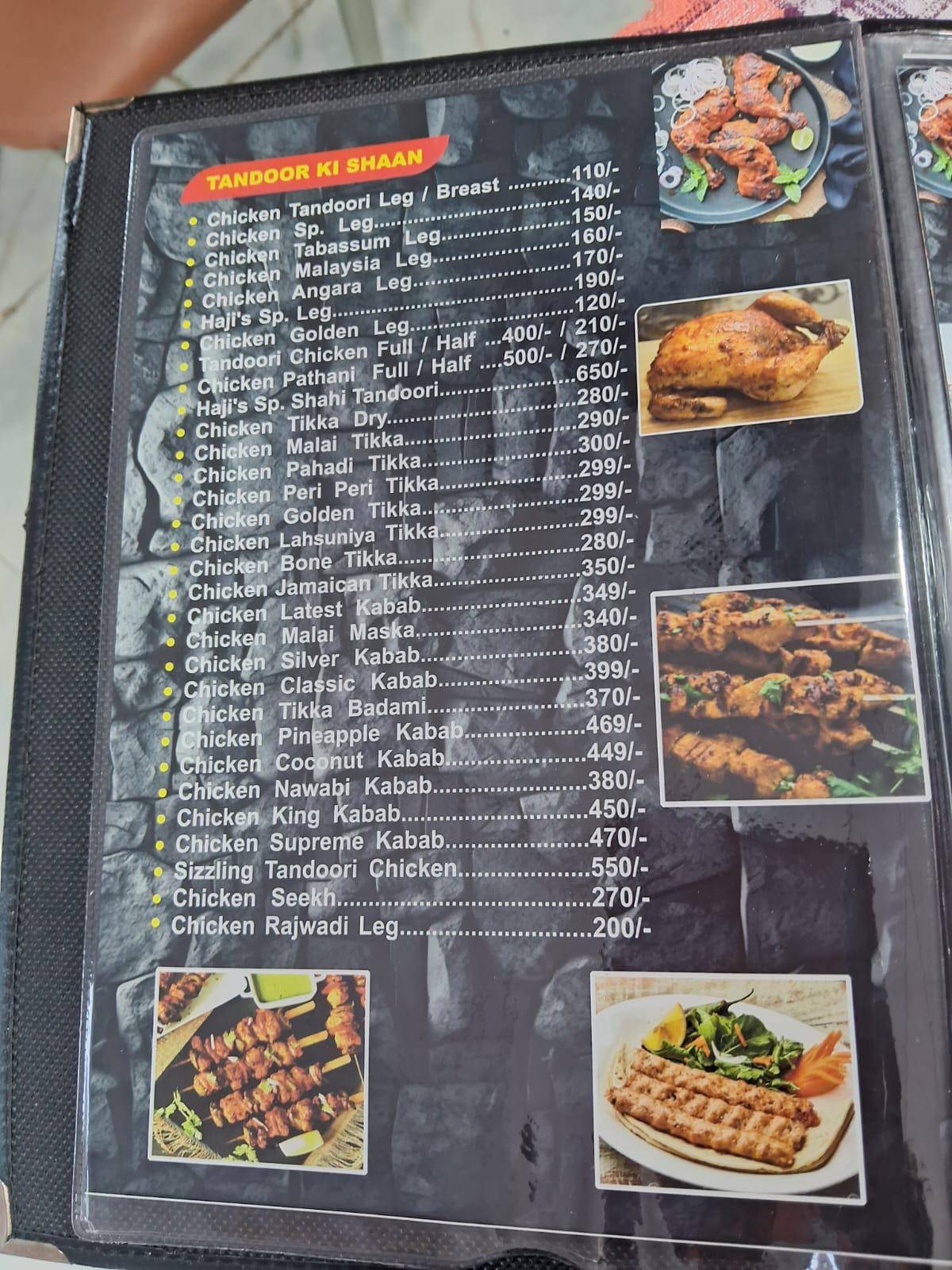 Menu at Haji's food & fun park, India