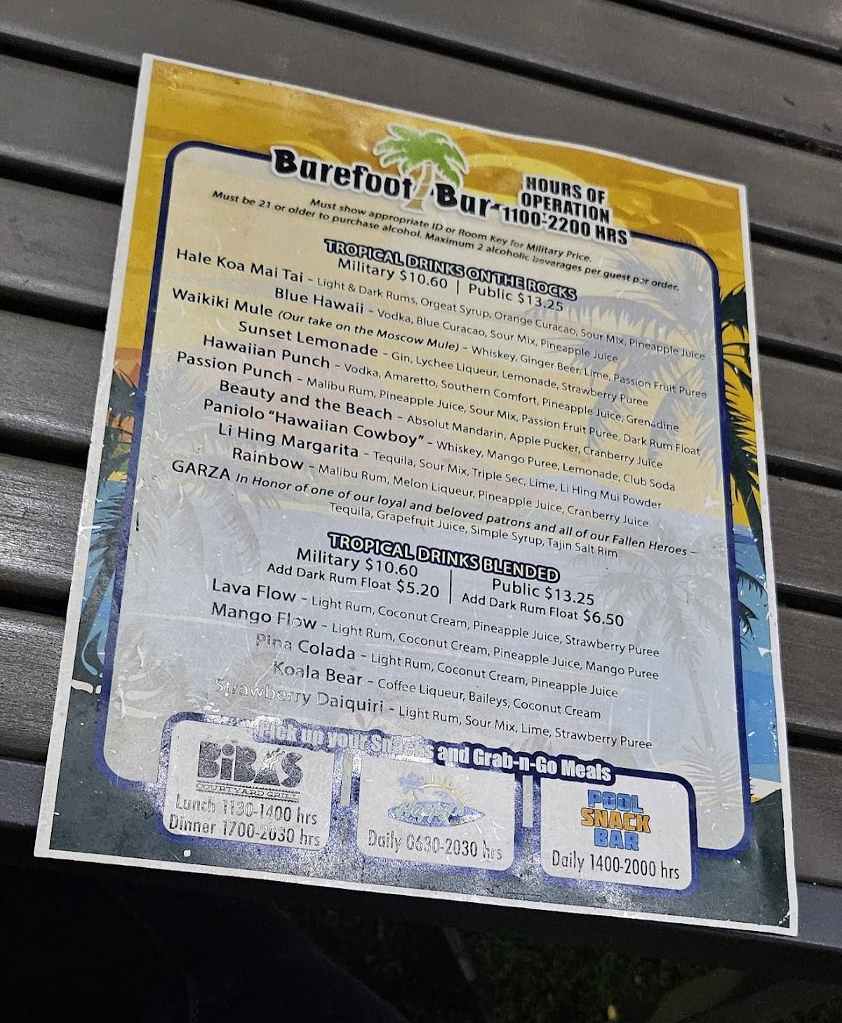 Menu at Hale Koa Barefoot Bar, Honolulu, Kālia Rd