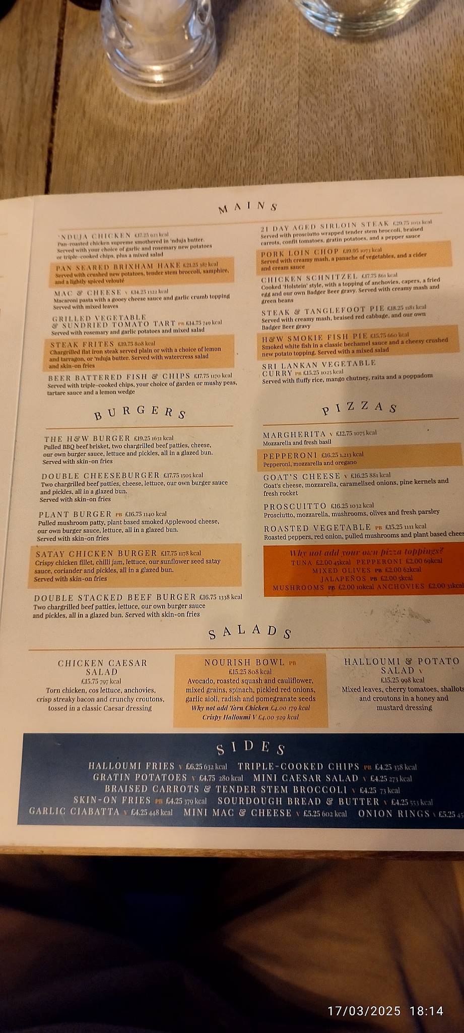 Menu at Hall & Woodhouse Taplow restaurant, Maidenhead