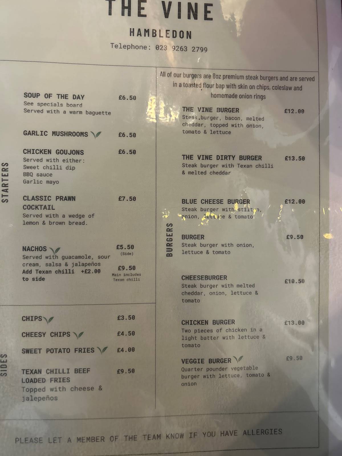 Menu at Vine Inn pub & bar, Hambledon