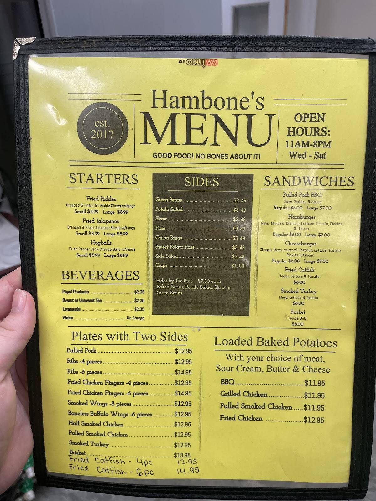 Menu at Hambone's BBQ, Winfield