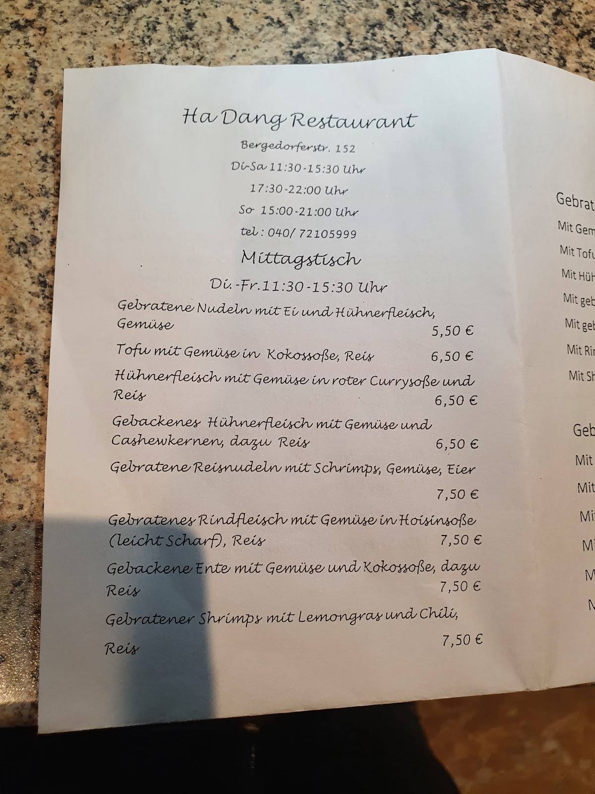 Speisekarte von Hà Dăng restaurant, Hamburg