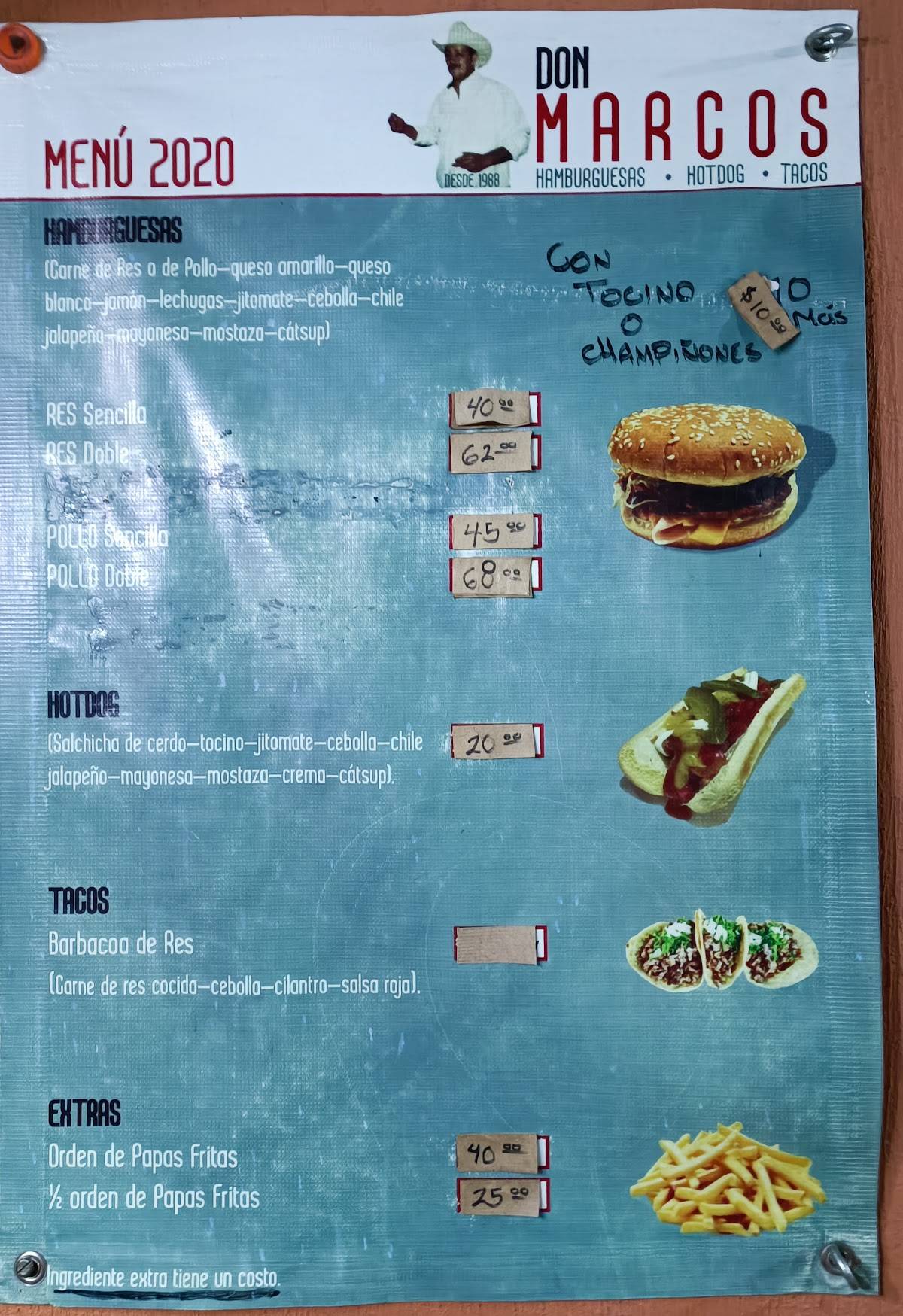 Menu at Hamburguesas Don Marcos restaurant, Aguascalientes