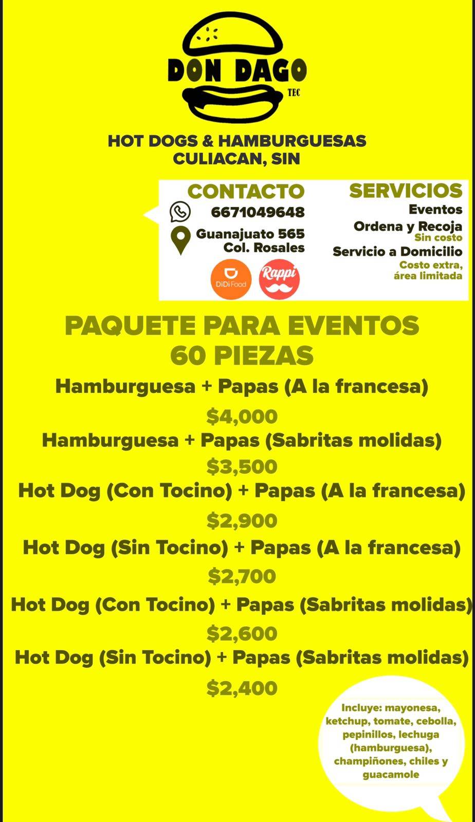 Carta del restaurante Hamburguesas y Hot dogs Don Dago, Culiacán Rosales