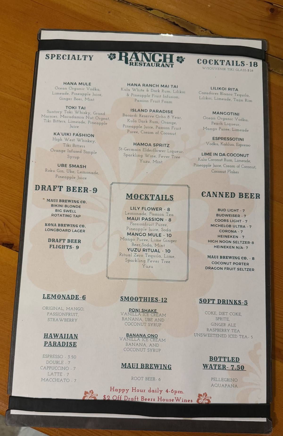 Menu at Hāna Ranch Restaurant, Hana, Mill Pl