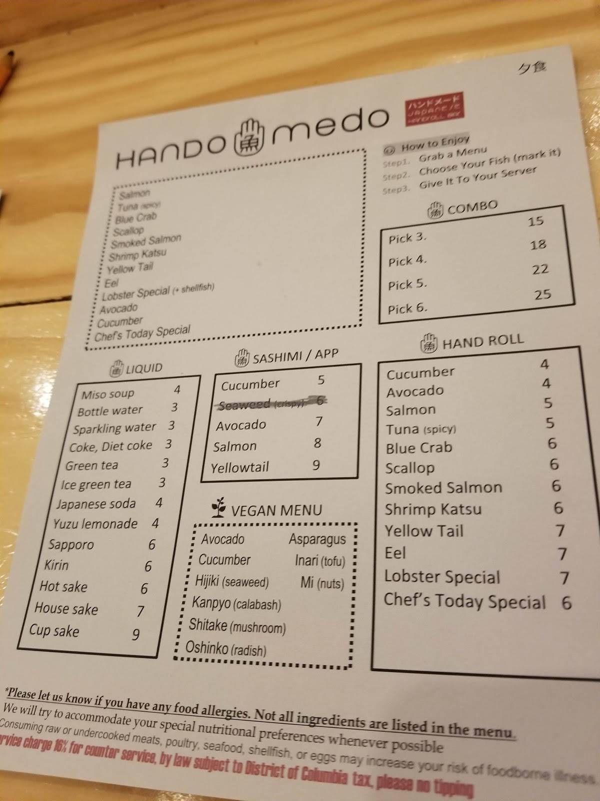 Menu at Hando medo restaurant, Washington
