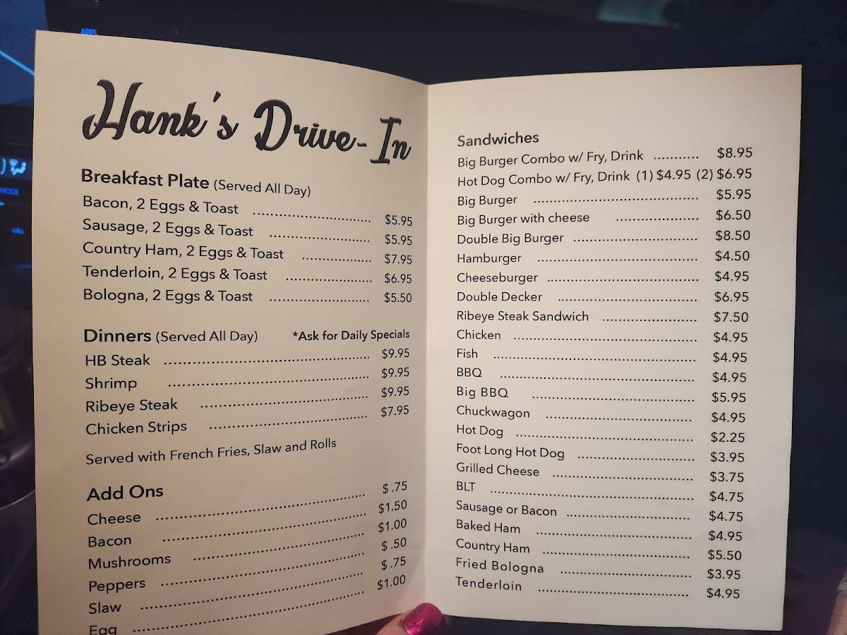 Menu at Hank's Drive In restaurant, Fairlawn