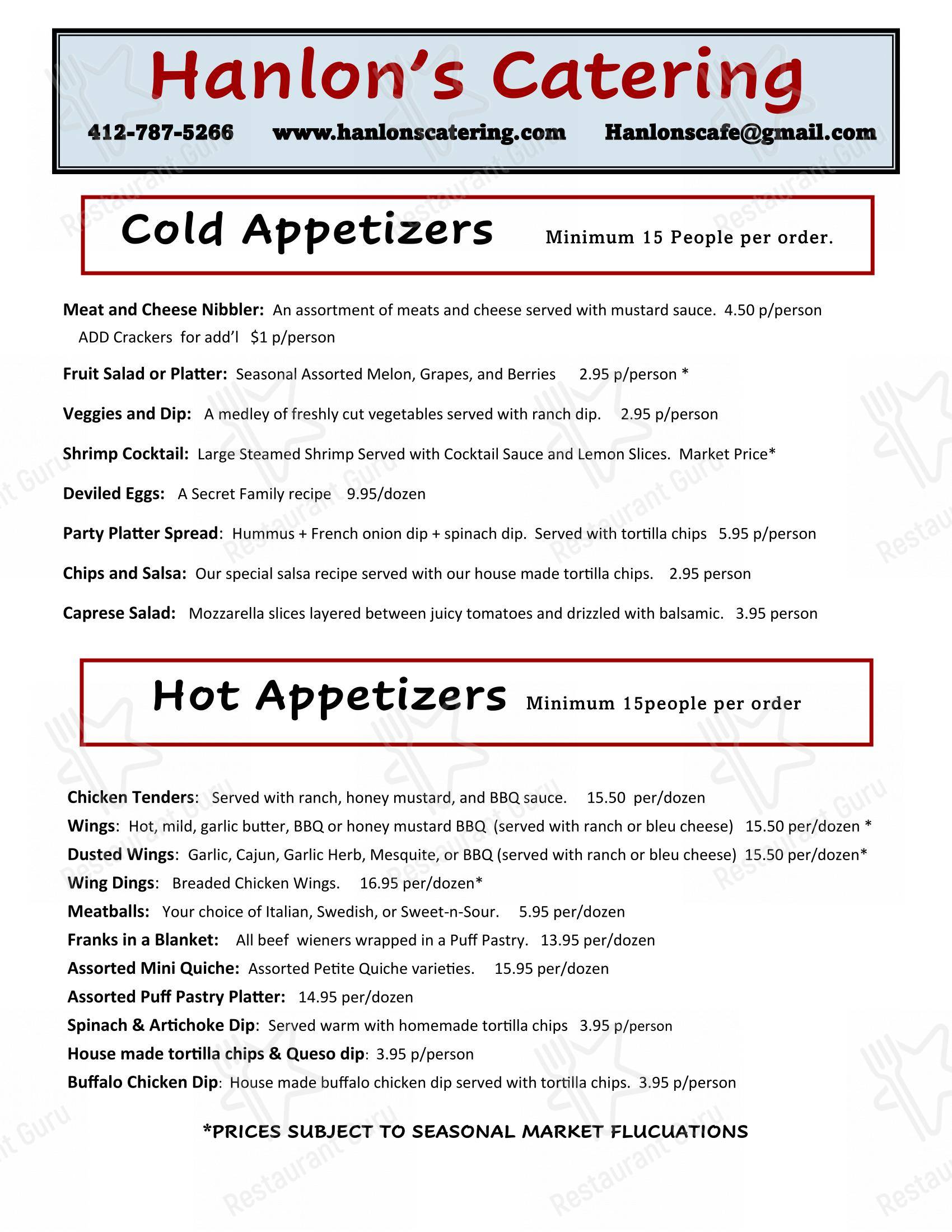 Menu at Hanlon's Cafe, Crafton, 17 Foster Ave