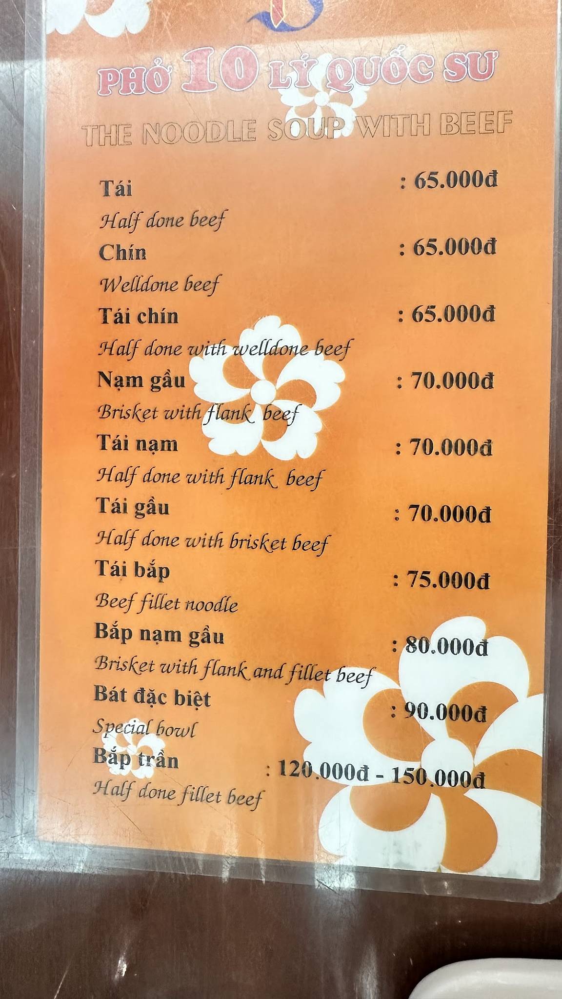 Menu at Pho 10 Ly Quoc Su restaurant, Hanoi, 10 P. Lý Quốc Sư