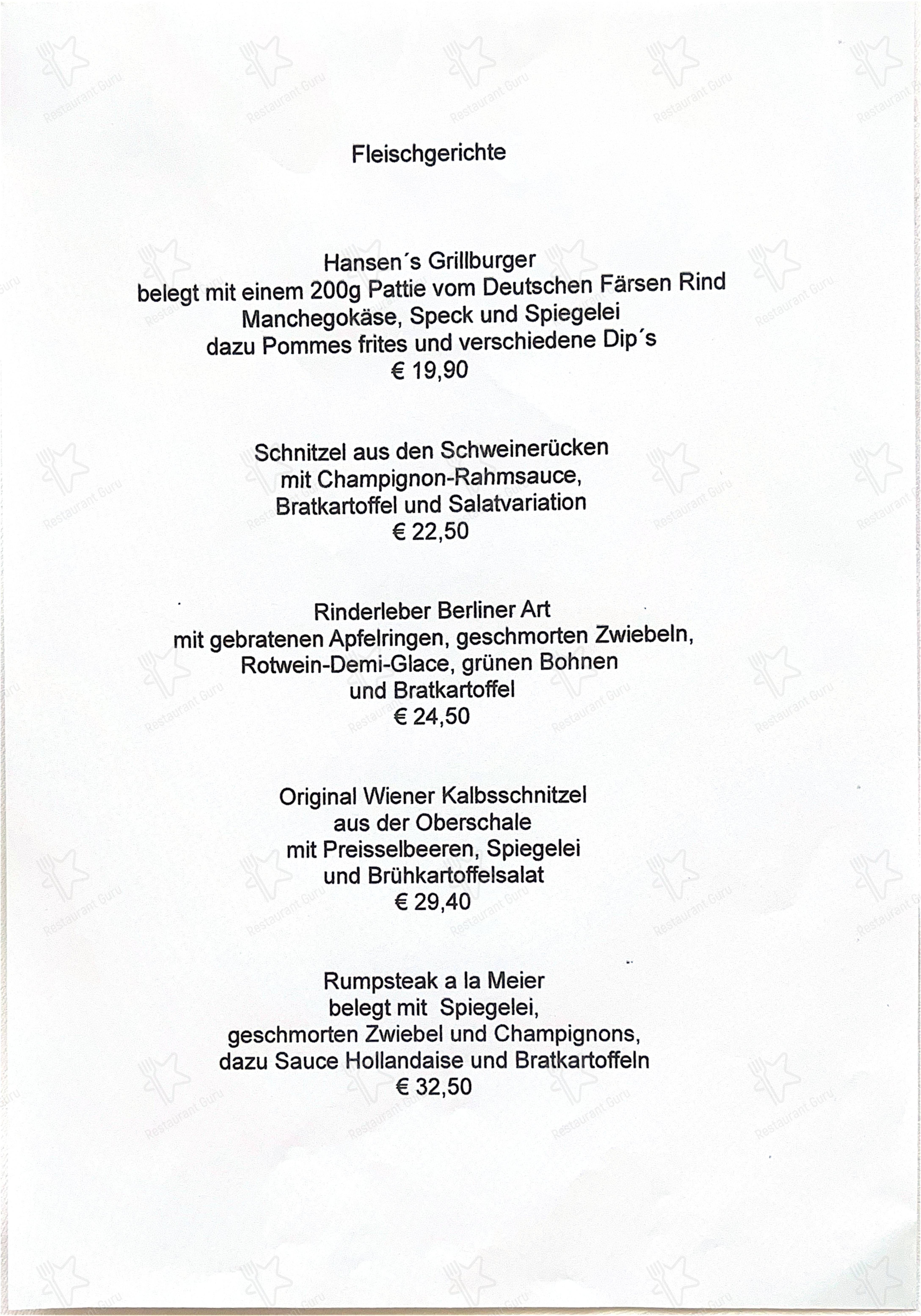 Speisekarte von Hansen's Restaurant, Rendsburg
