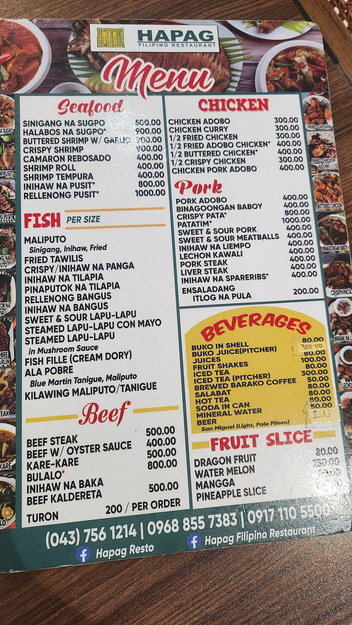 Menu at Hapag Filipino Restaurant, Lipa, Barangay Gen. Luna St