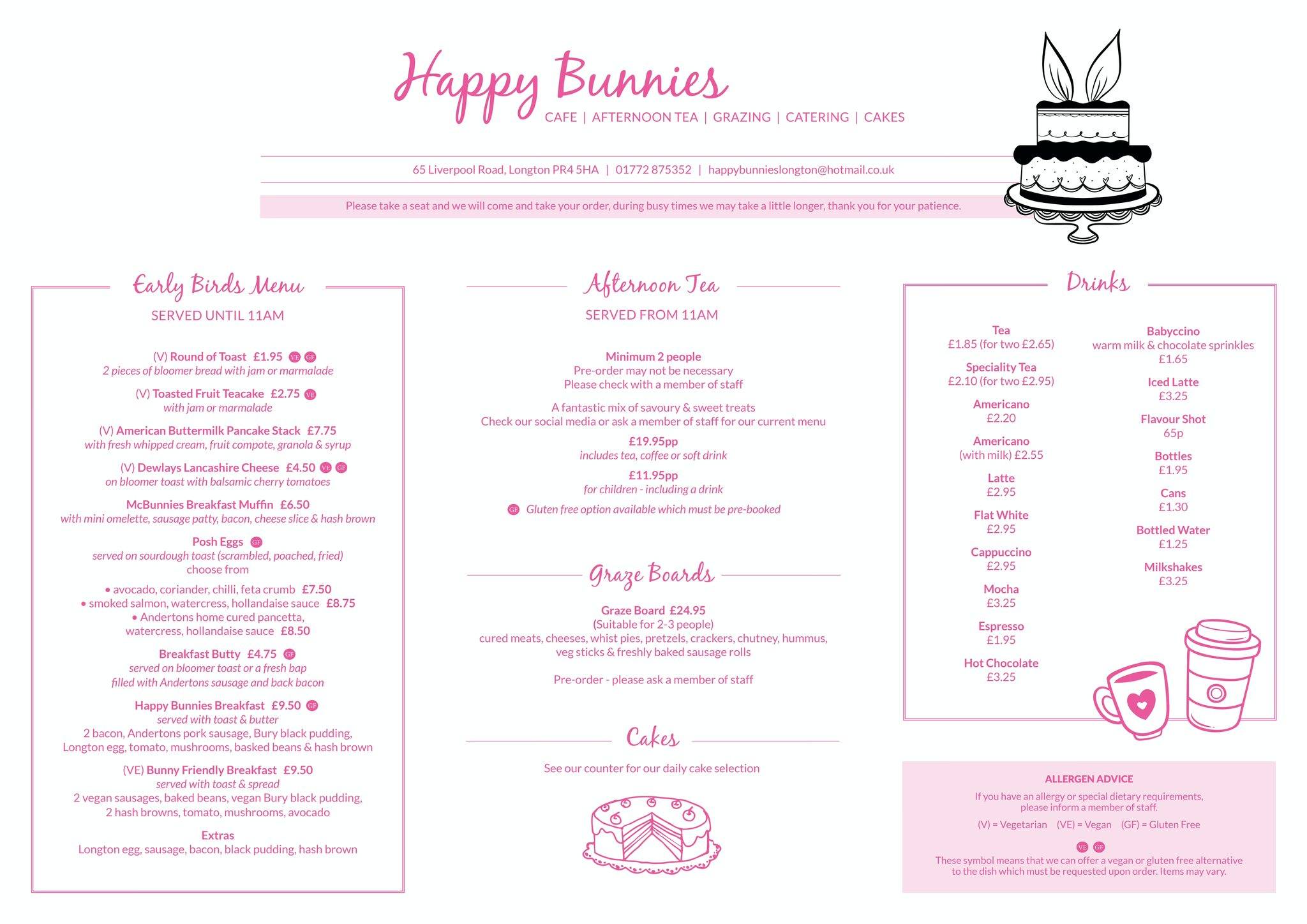 Menu at Happy Bunnies cafe, Preston