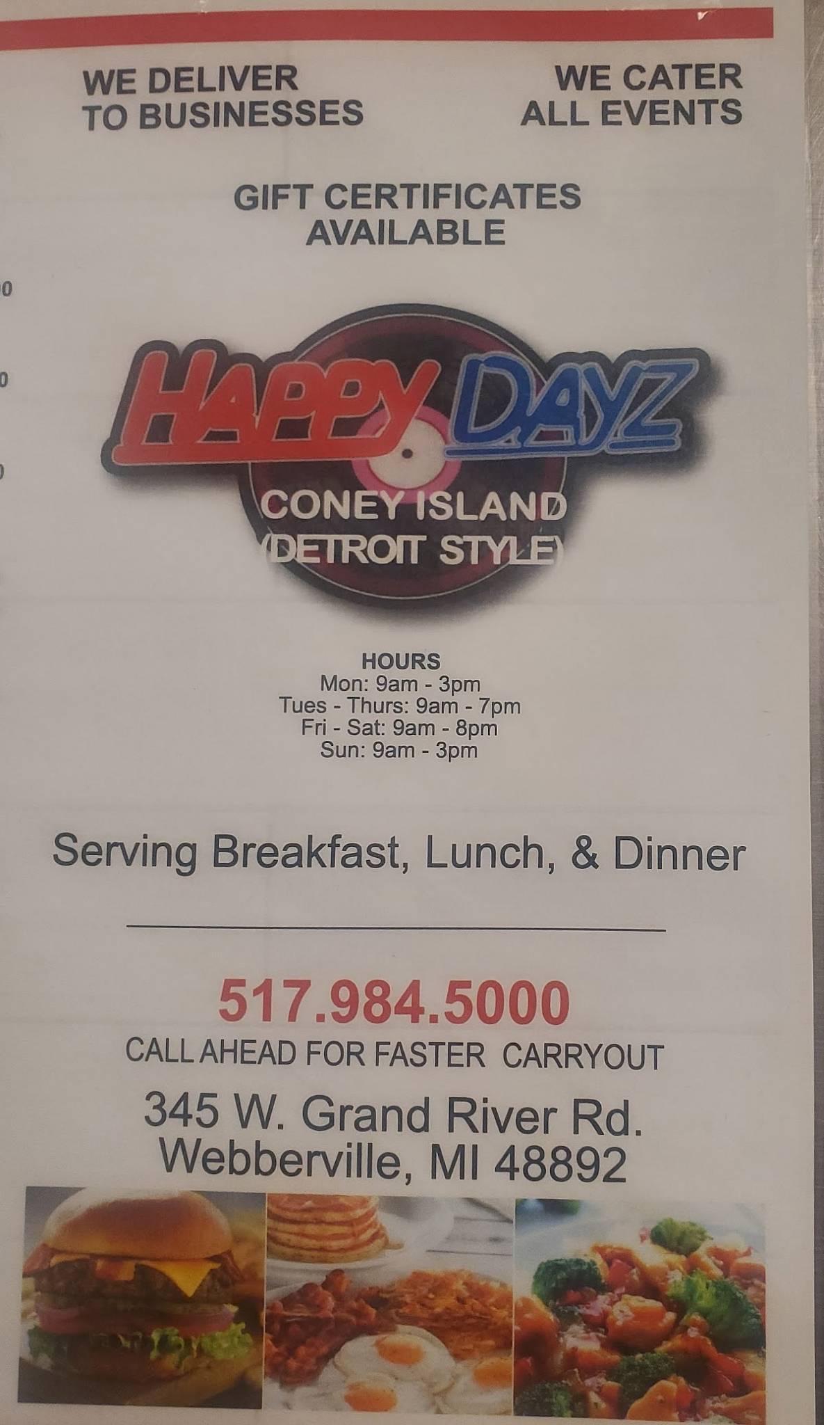 Menu at Happy Dayz The Remix restaurant, Webberville