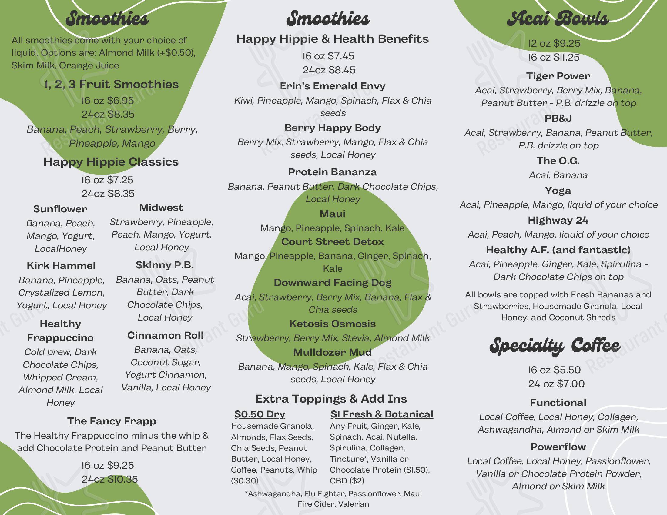 Menu at Happy Hippie Studios restaurant, Clay Center